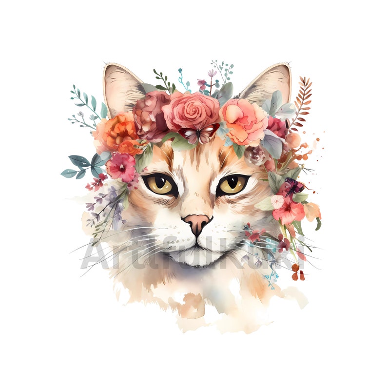 Floral Cat Clipart: Boho PNG Images for Commercial Use (digital ...