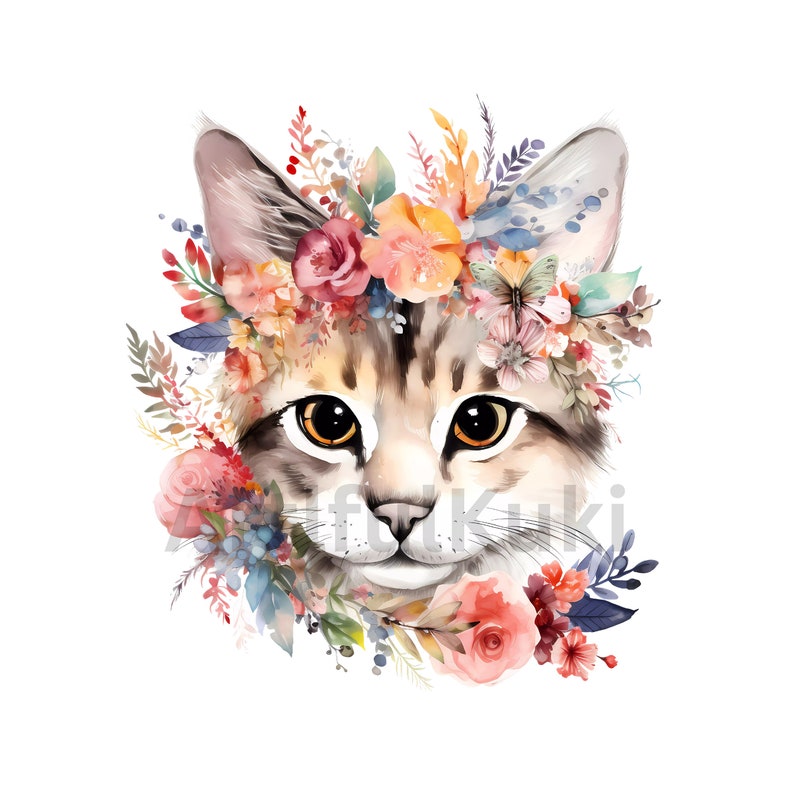 Boho Floral Cat Clipart Cat Clip Art for Instant Digital Download With ...