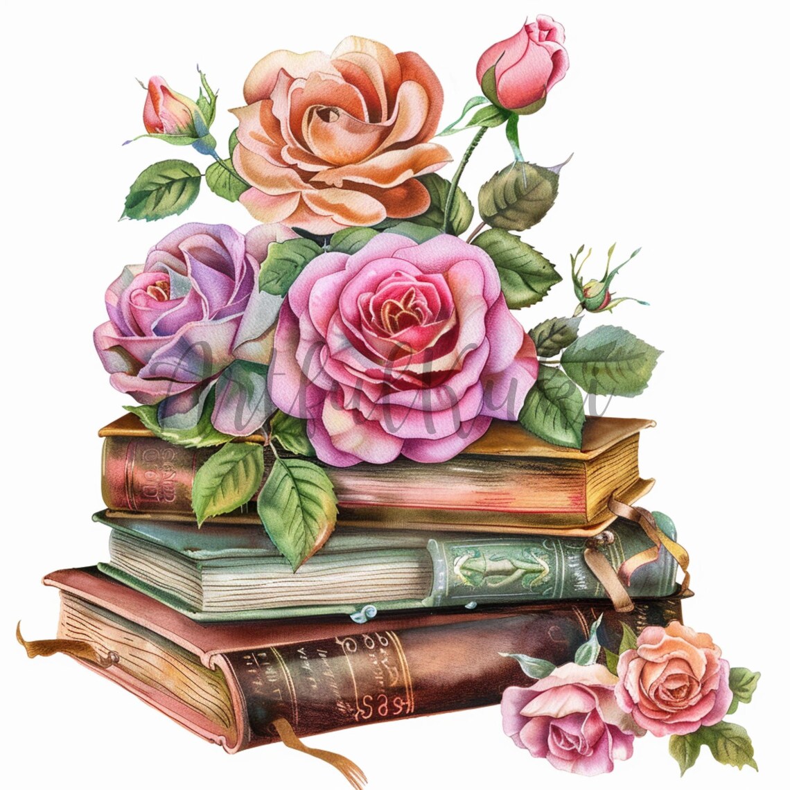 Whimsical & Rustic Books and Flowers Clipart Collection, Digital ...
