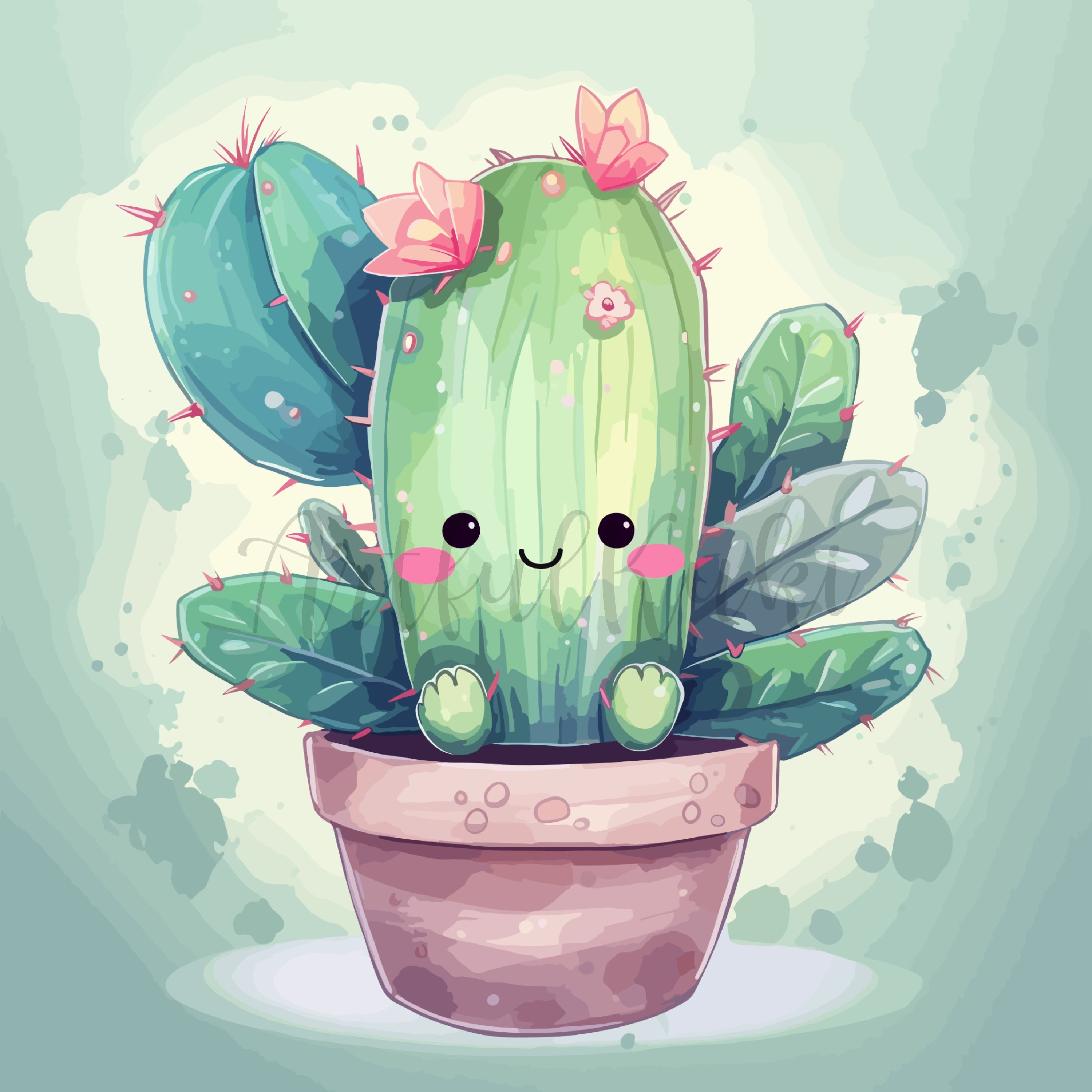 Cute Kawaii Cacti Clipart Set: 9 Pngs Without Background, Instant ...