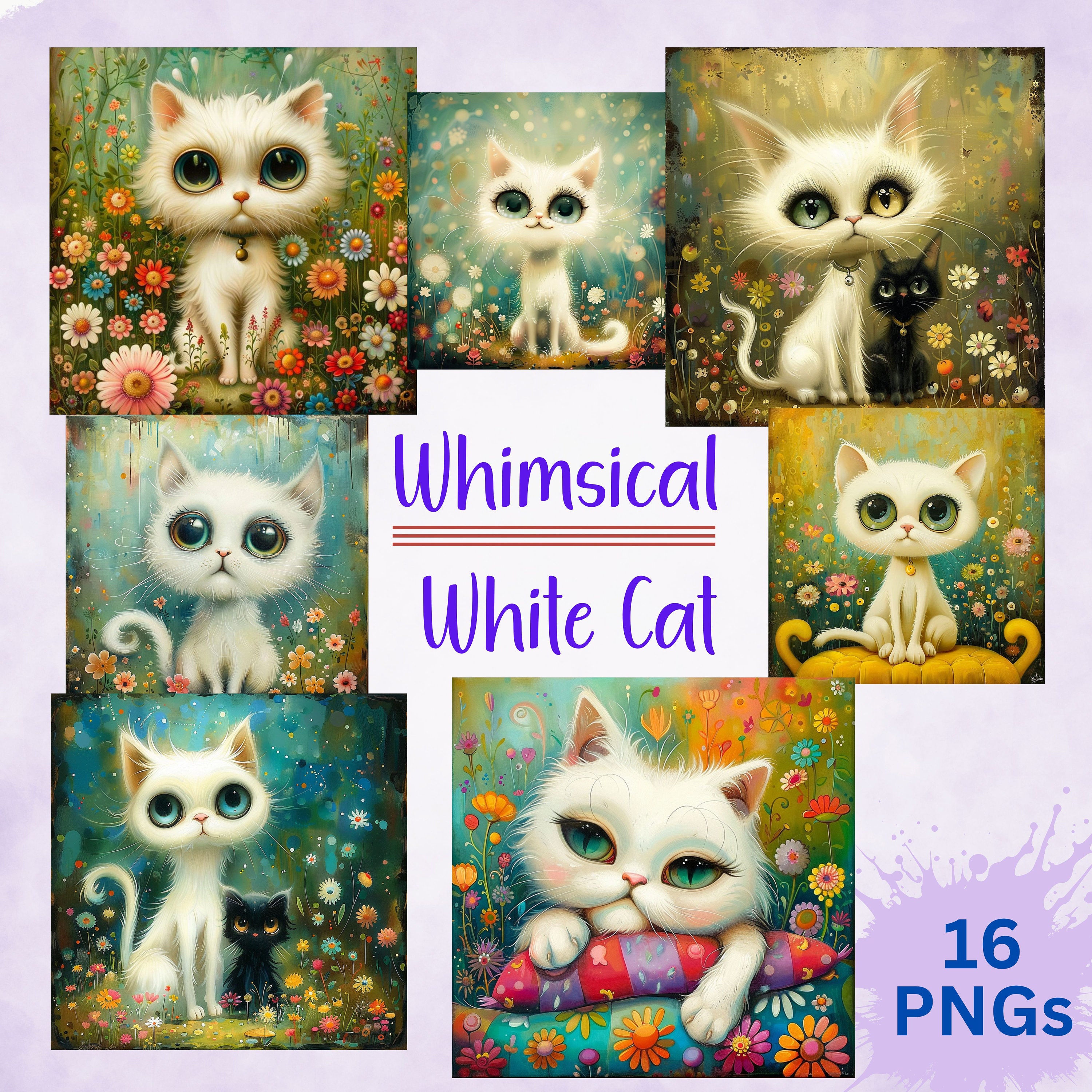 Whimsical White Cat 16 PNG Files, Instant Download, for Crafting ...