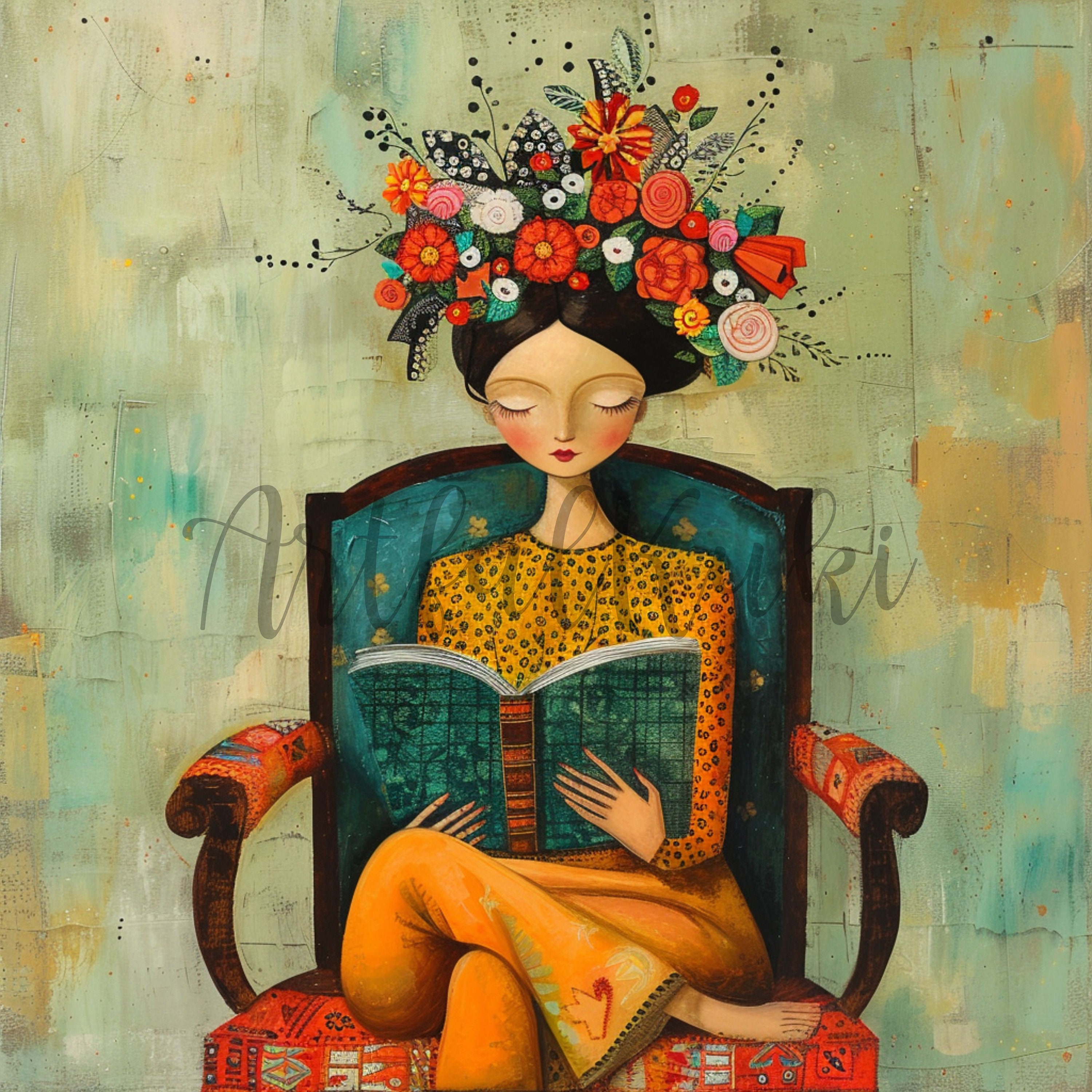 Whimsical Woman Reading - 6 PNG Images, Digital Instant Download ...
