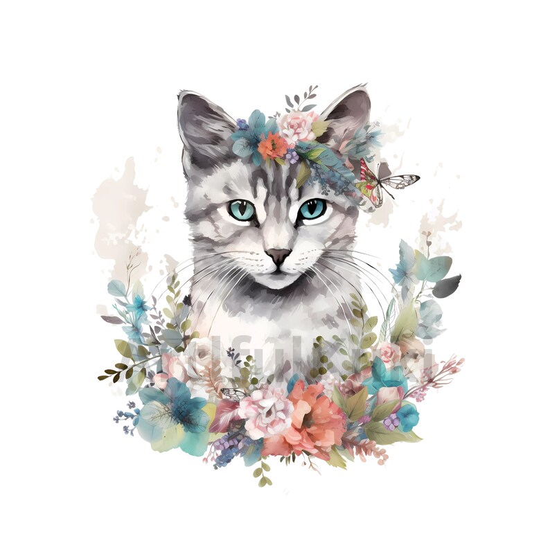 Boho Floral Cat Clipart - Cat Clip Art for Instant Digital Download ...