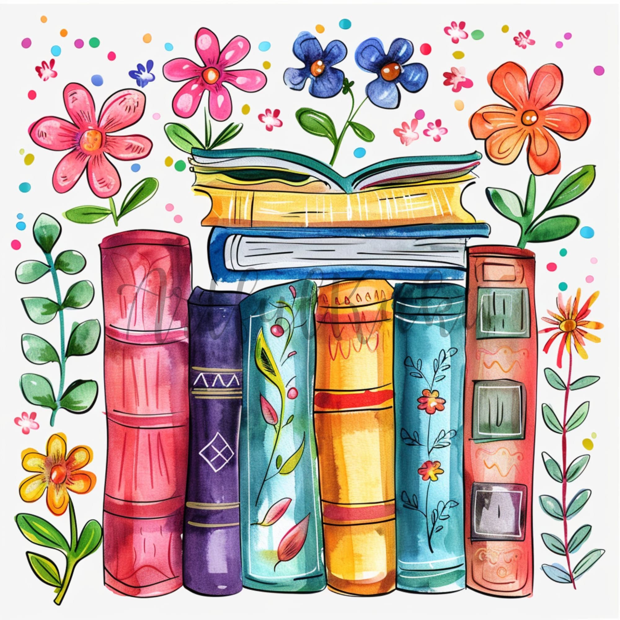 Whimsical & Rustic Books and Flowers Clipart Collection, Digital ...