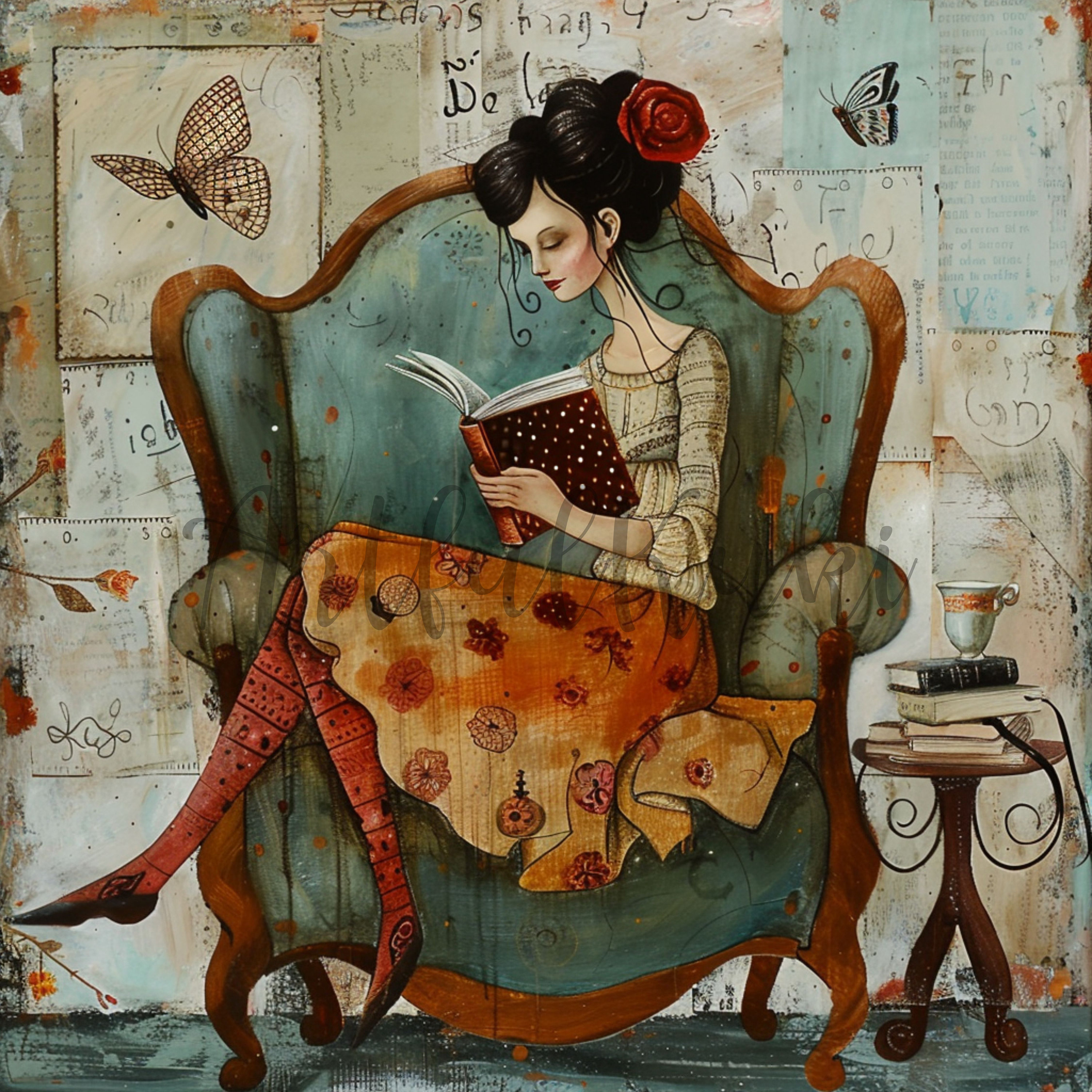 Whimsical Woman Reading - 6 PNG Images, Digital Instant Download ...