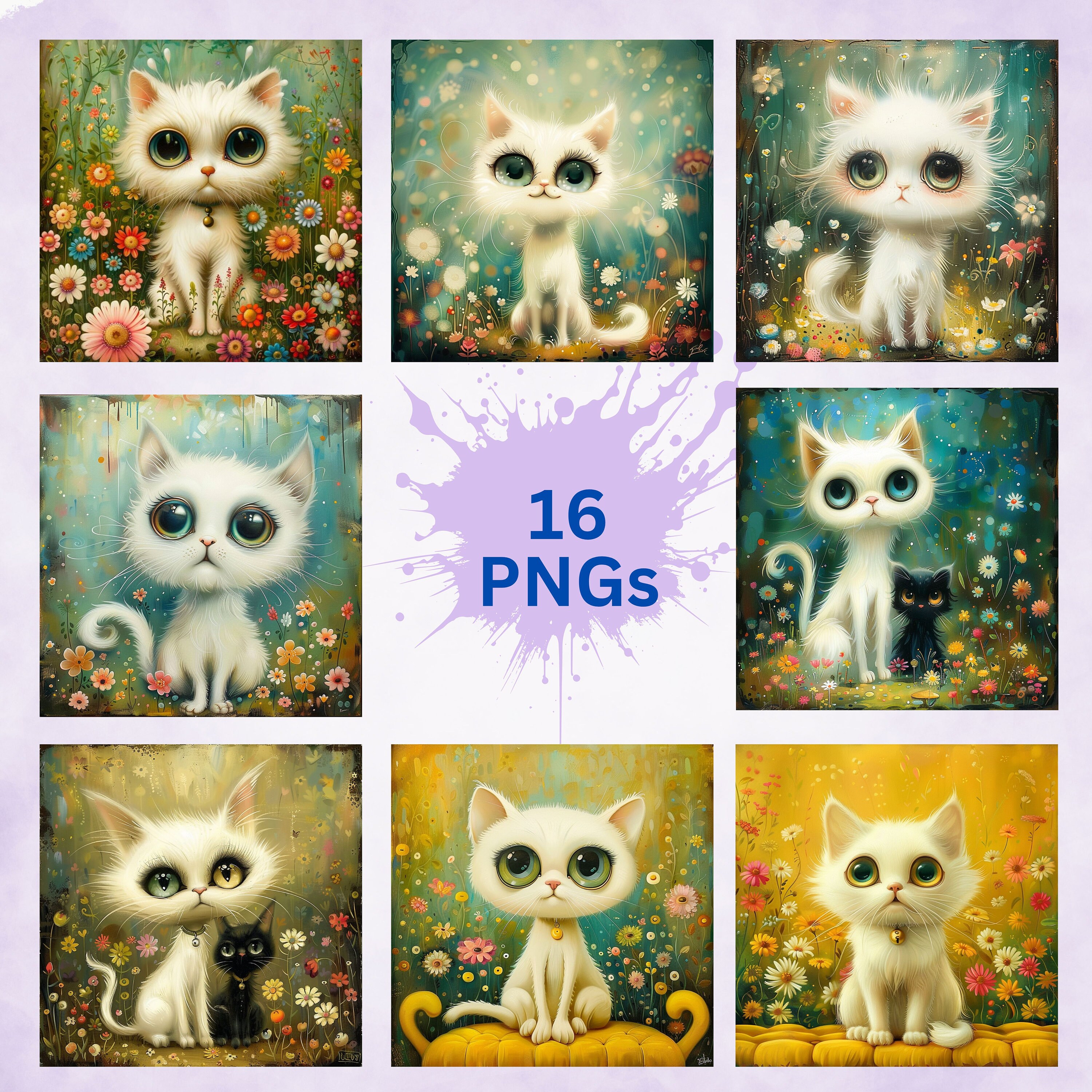 Whimsical White Cat PNG Clipart: Nursery Art, Scrapbooking (digital ...