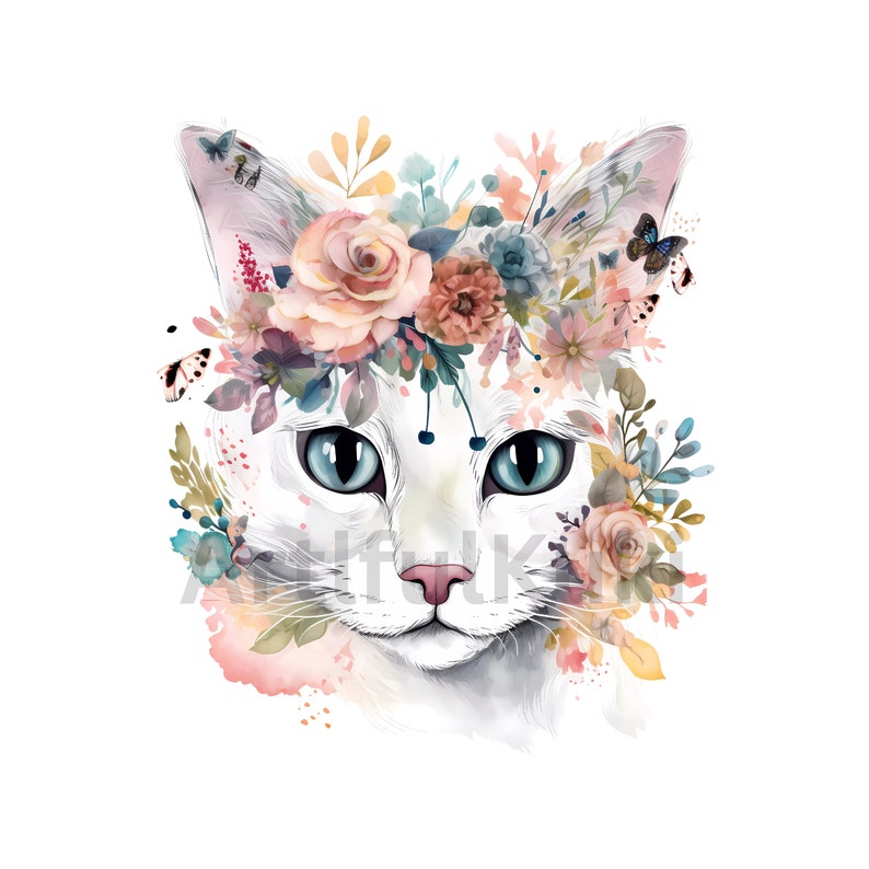 Boho Floral Cat Clipart - Cat Clip Art for Instant Digital Download ...