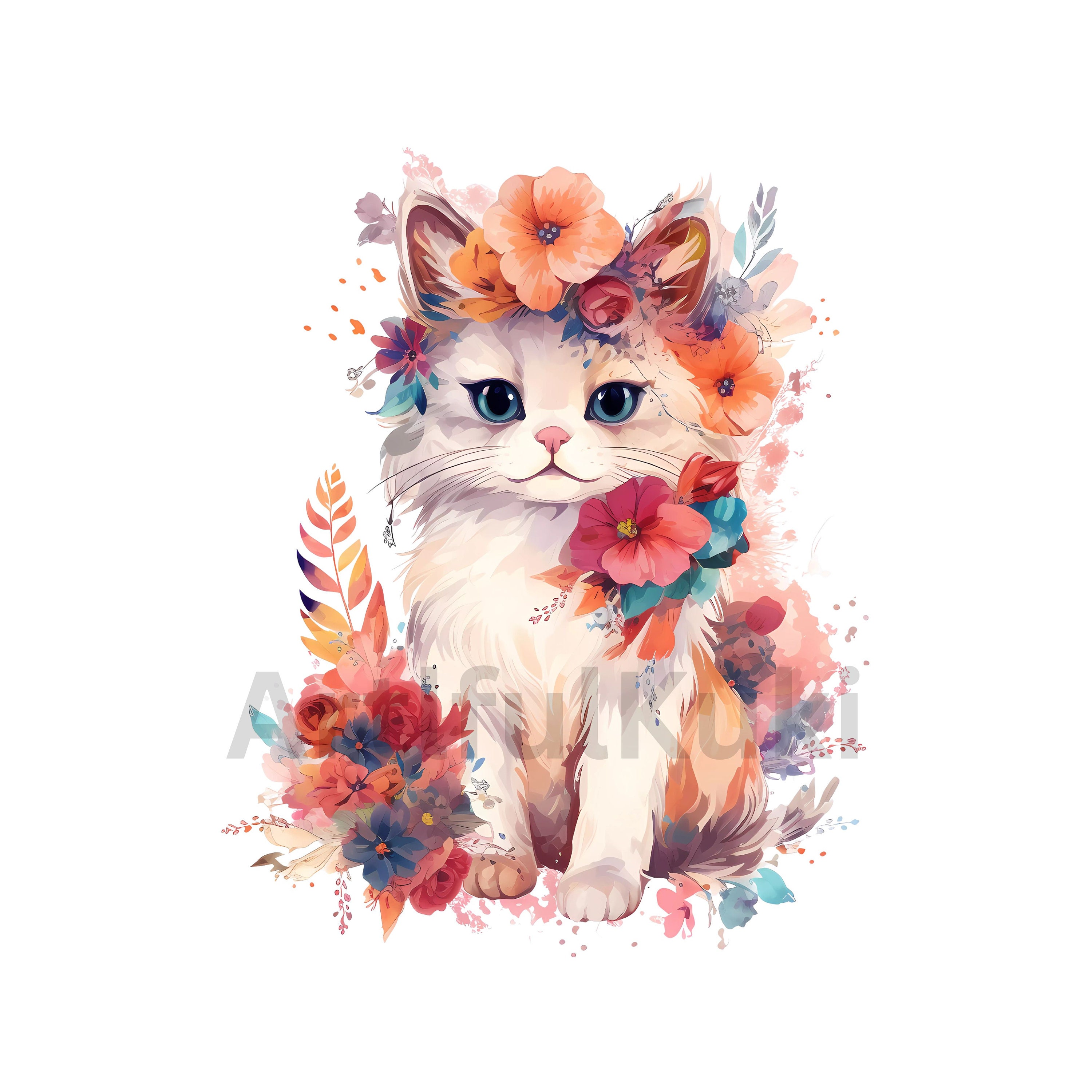 Boho Floral Cat Clipart Cat Clip Art for Instant Digital Download With ...