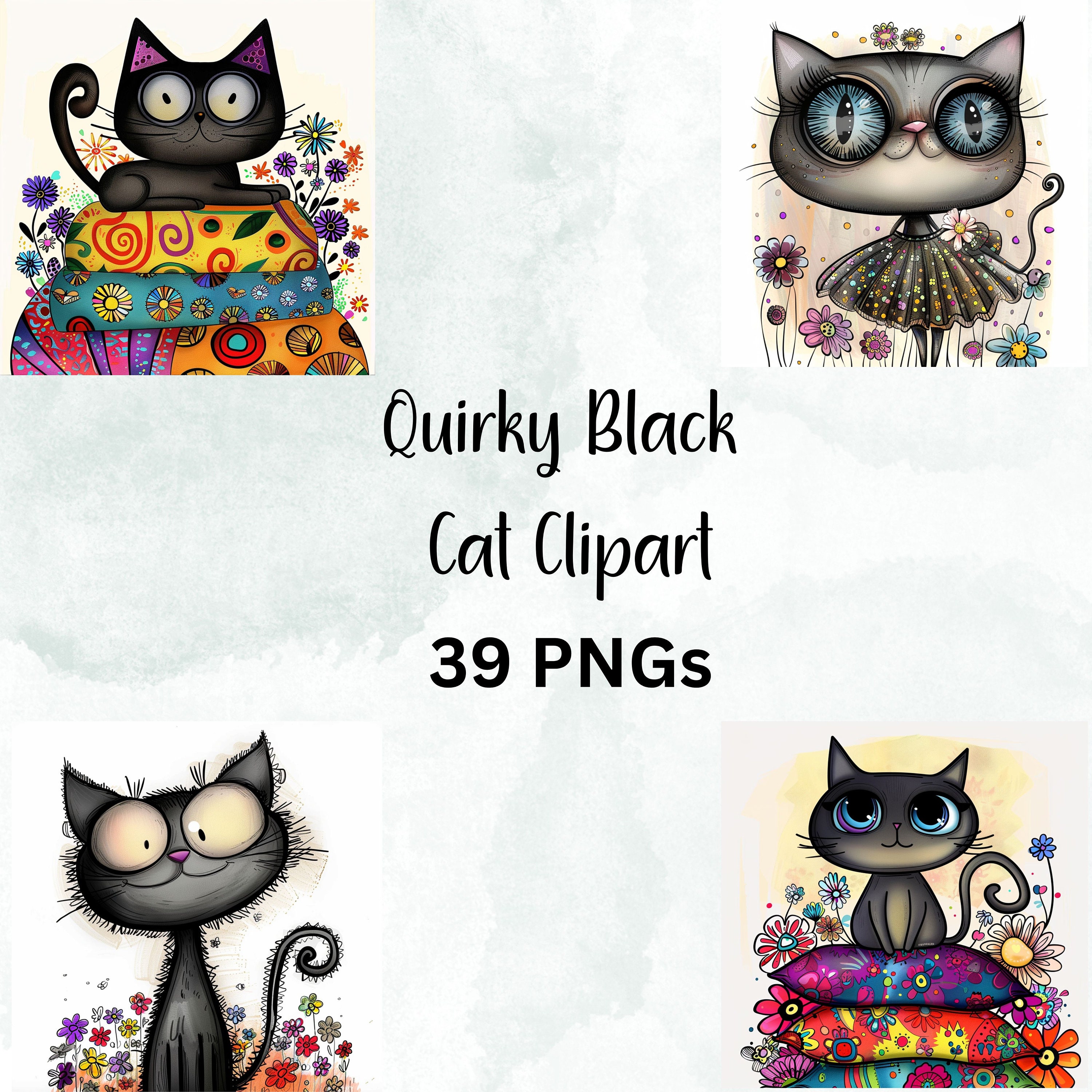Quirky Black Cat Clipart Collection- 39 PNG Images, Instant Download ...
