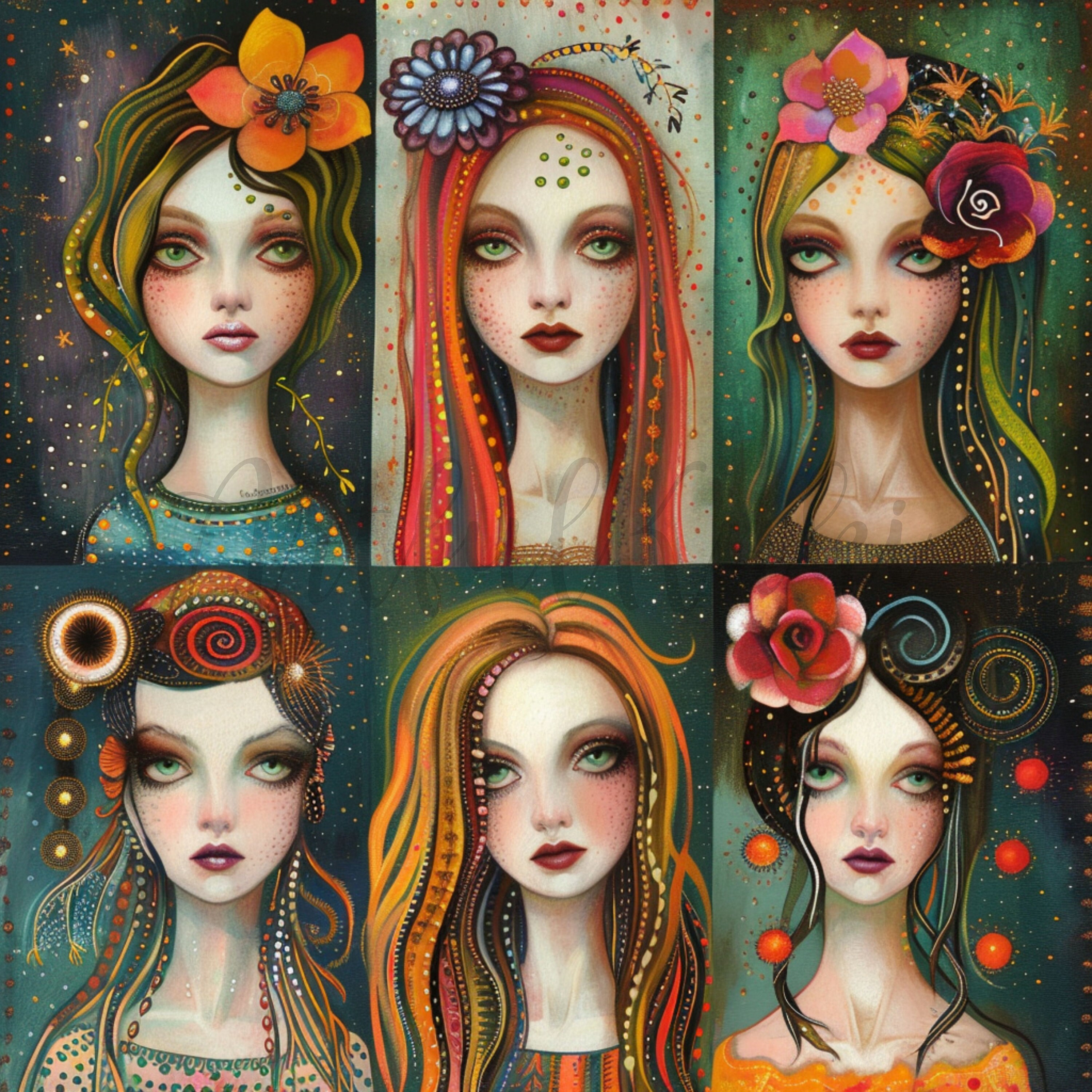 Whimsical Women Portraits Clipart, 35 PNG Files, Whimsy Witchy Gypsy ...