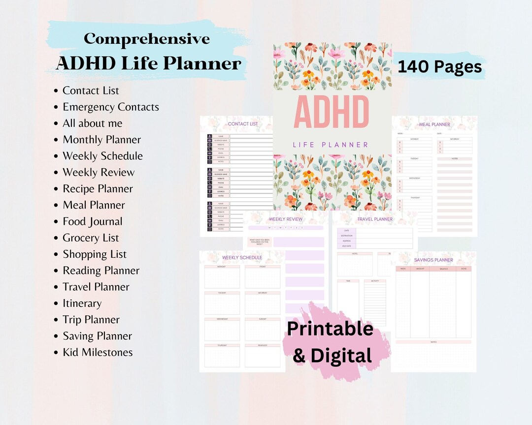 Flowery ADHD Life Planner, Planner for Work, Social Media, Health Etc ...