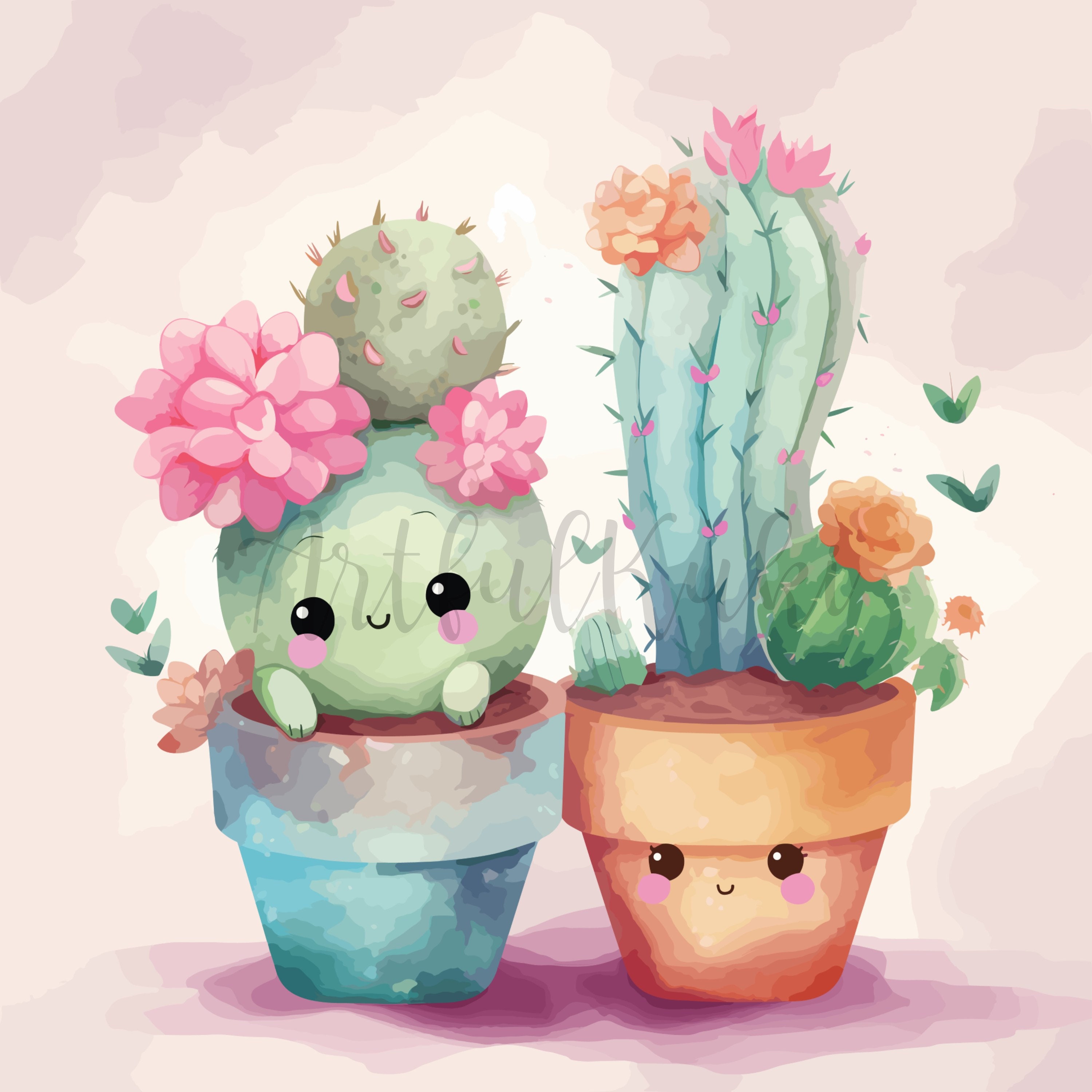 Cute Kawaii Cacti Clipart Set: 9 Pngs Without Background, Instant ...