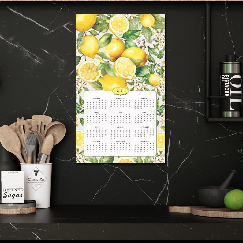 Lemons and Lemon Blossoms Tea Towel Calendar, ANY YEAR, Mediterranean ...