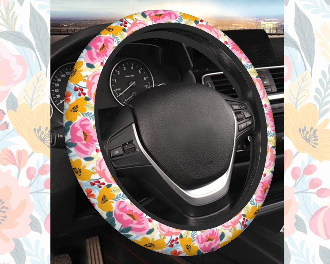 Pink Floral Car Wheel Cover, Floral Steering Wheel Cover for Women ...