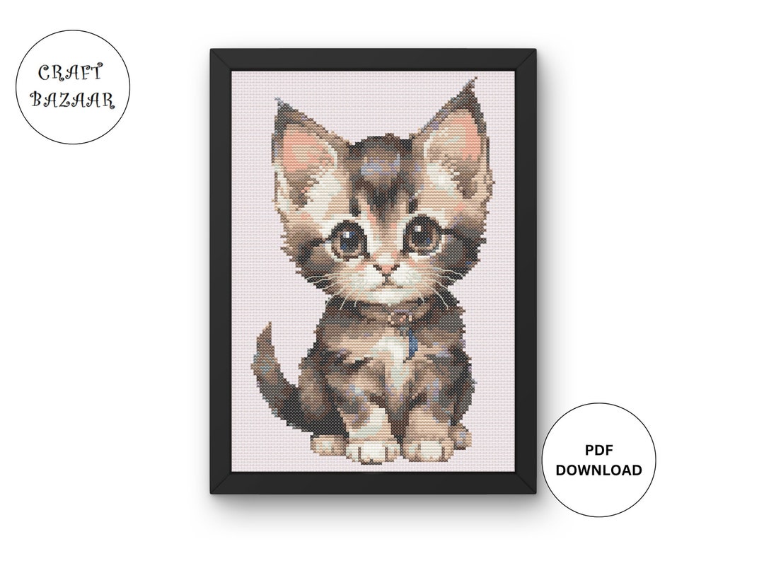 Watercolor Cute Kitten Cross Stitch Pattern Cat Animal Instant Download ...