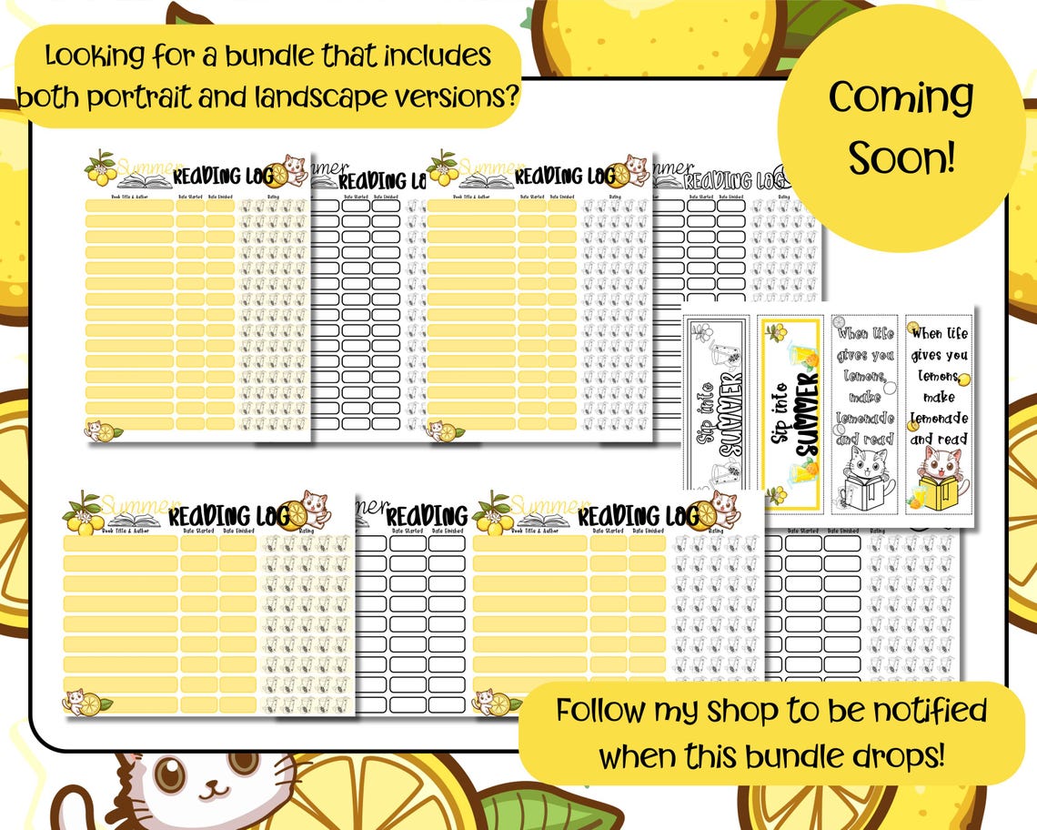 Lemonade Cat Summer Reading Log: Printable Tracker Bundle (digital ...
