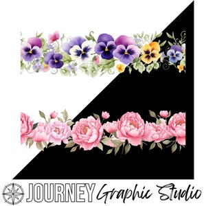 Seamless Floral Border Clipart Bundle, Watercolor Flower Border Clipart ...