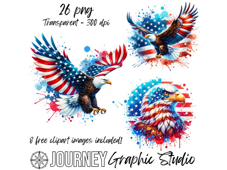 Patriotic Eagle Clipart Bundle, Watercolor Eagle Clipart Bundle ...
