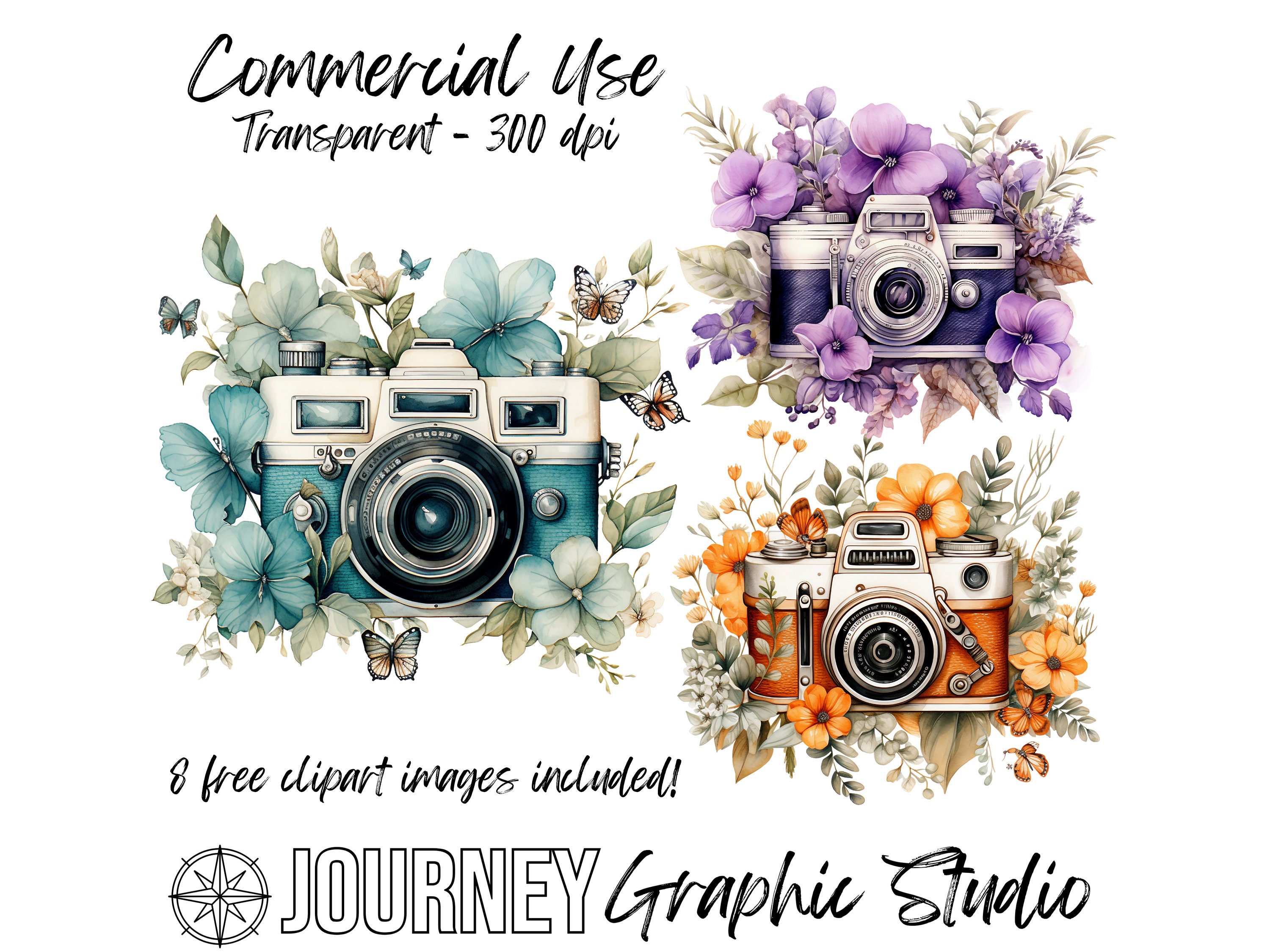 Rainbow Floral Camera Clipart Bundle, Watercolor Clipart Bundle ...