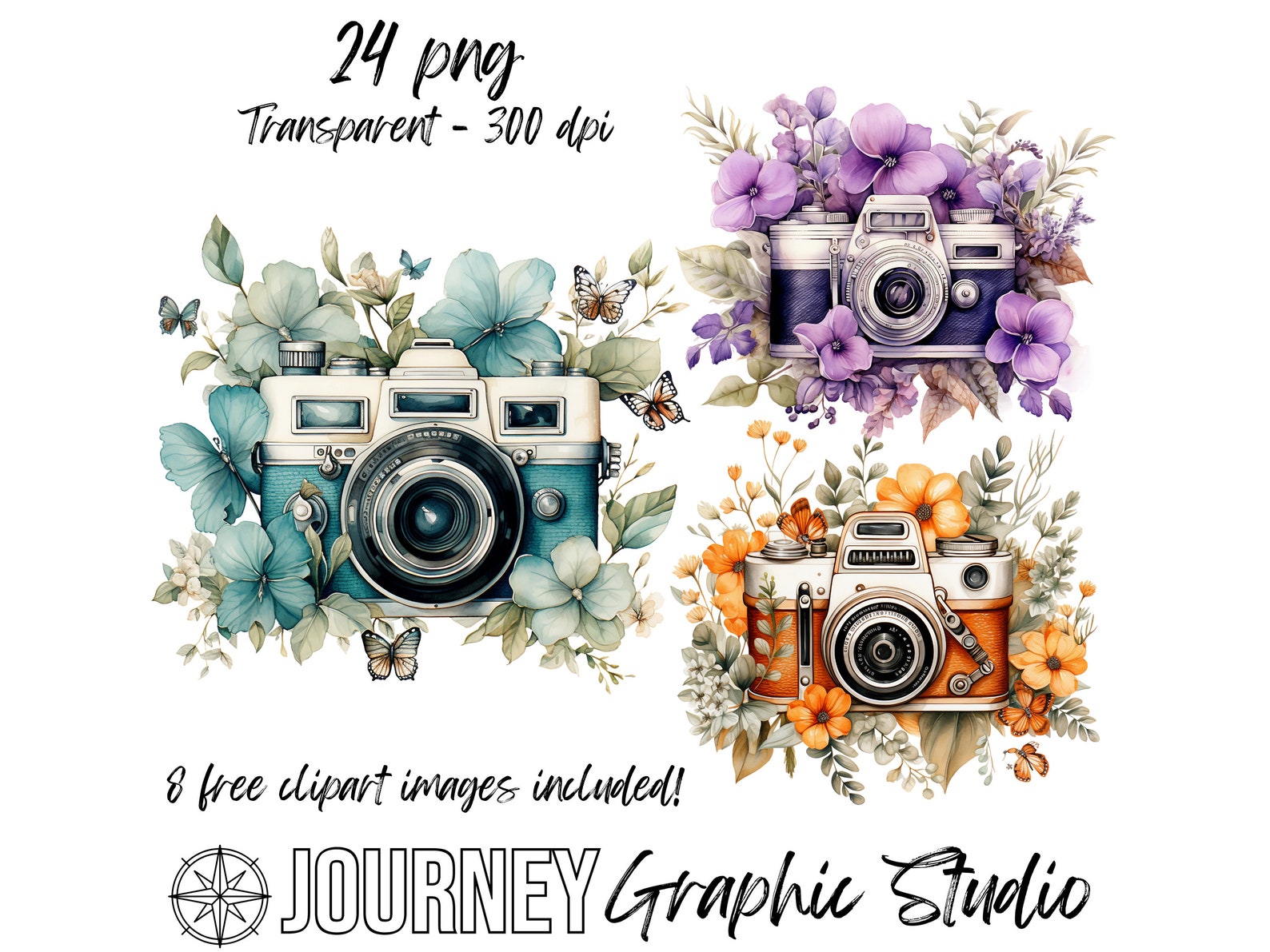 Rainbow Floral Camera Clipart Bundle, Watercolor Clipart Bundle ...