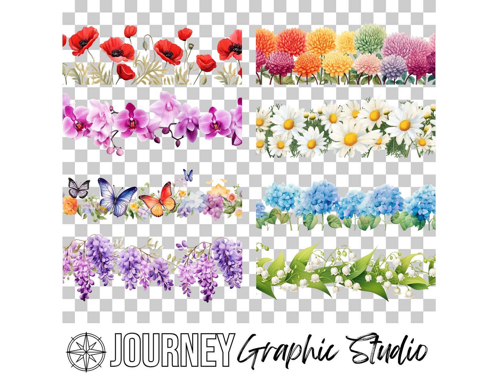 Seamless Floral Border Clipart Bundle, Watercolor Flower Border Clipart ...
