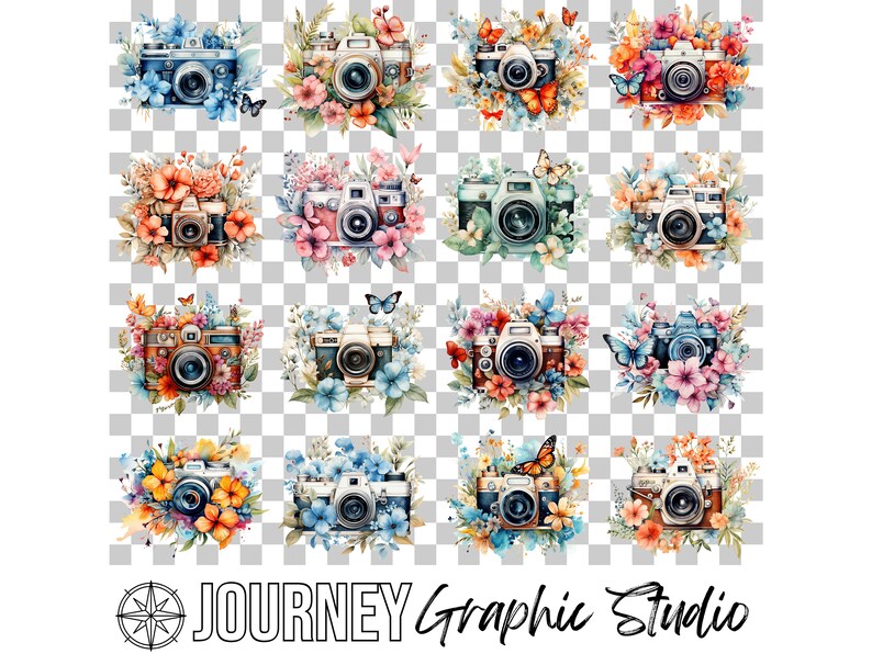 Floral Camera Clipart Bundle, Watercolor Clipart Bundle, Cameras ...