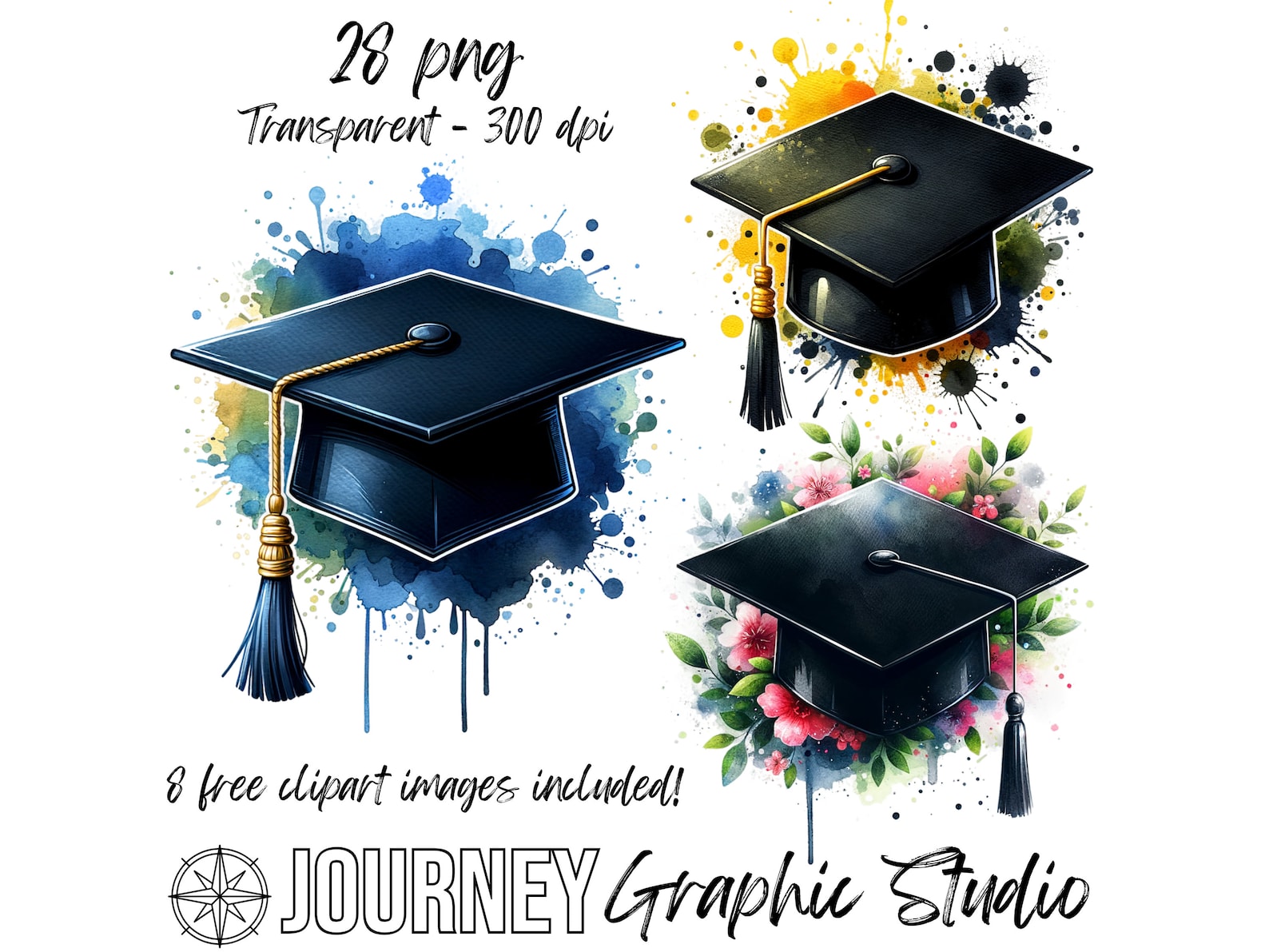 Graduation Caps Clipart Bundle, Watercolor Graduation Cap Clipart ...