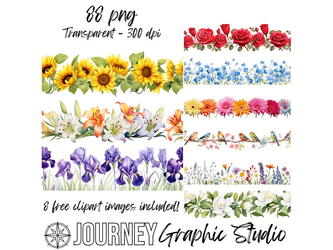 Seamless Floral Border Clipart Bundle, Watercolor Flower Border Clipart ...