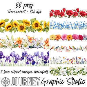 Seamless Floral Border Clipart Bundle, Watercolor Flower Border Clipart ...