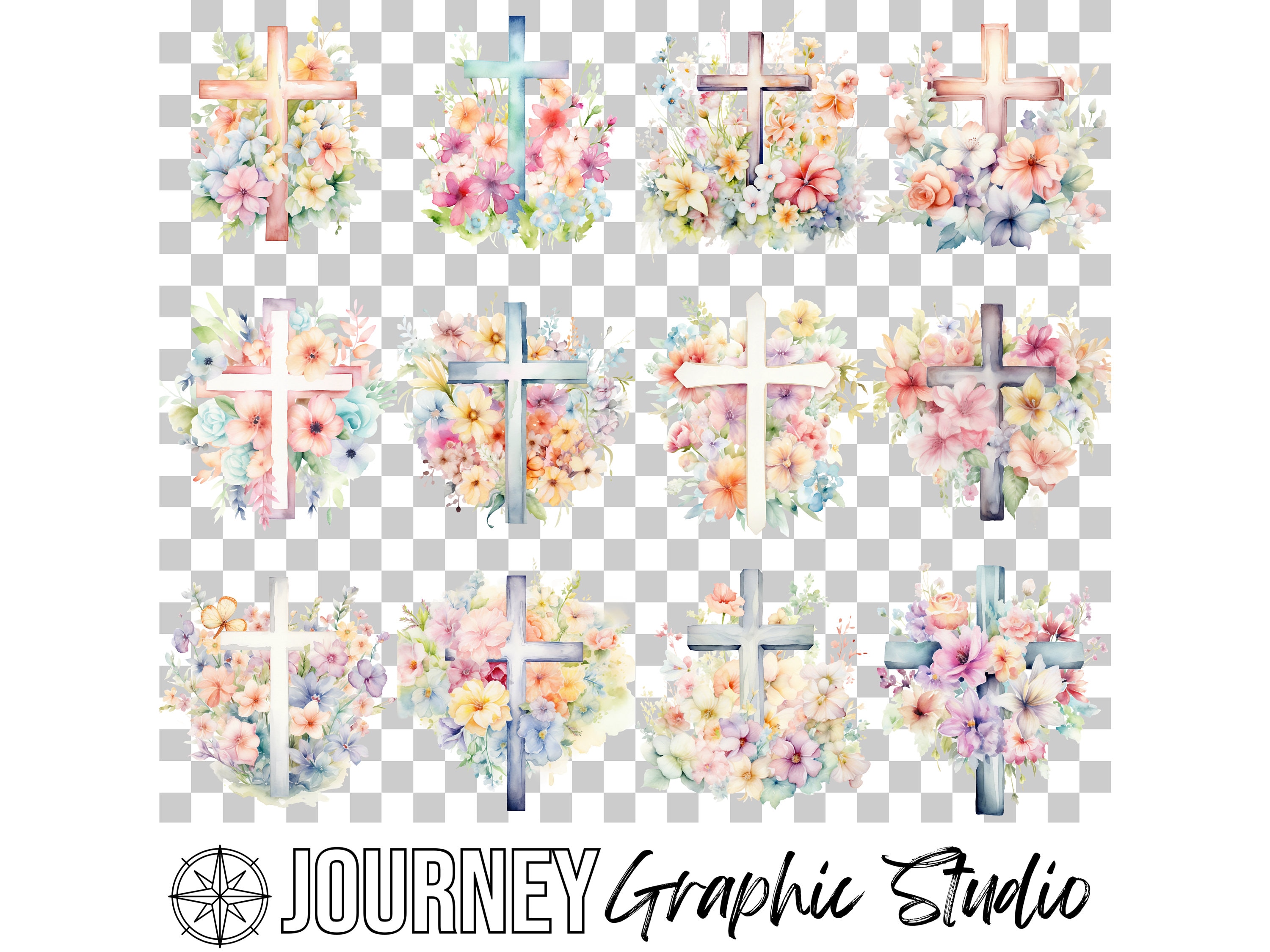 Pastel Floral Cross Clipart Bundle, Watercolor Clipart Bundle, Easter ...