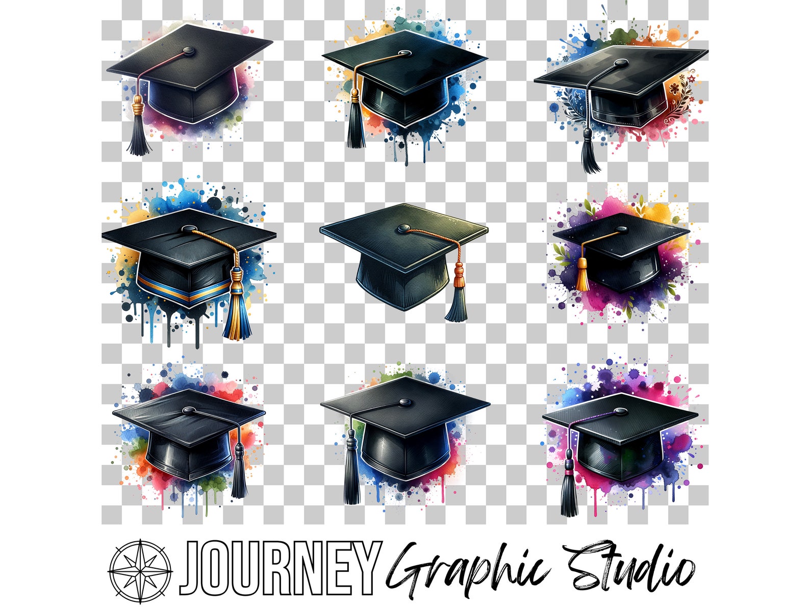 Graduation Caps Clipart Bundle, Watercolor Graduation Cap Clipart ...