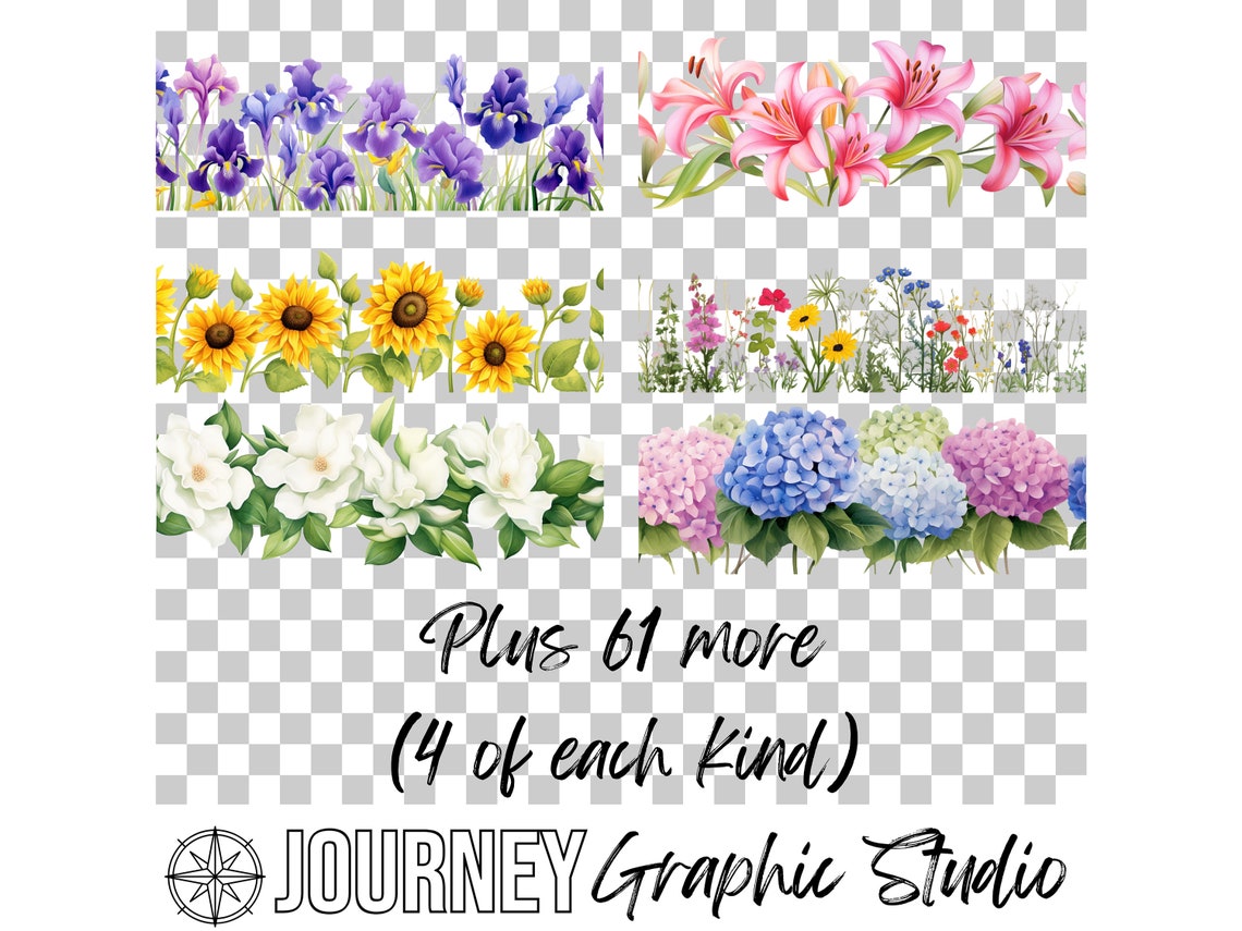 Seamless Floral Border Clipart Bundle, Watercolor Flower Border Clipart ...
