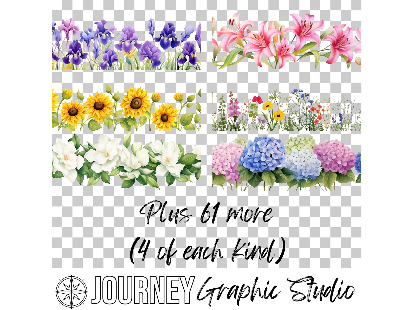 Seamless Floral Border Clipart Bundle, Watercolor Flower Border Clipart ...