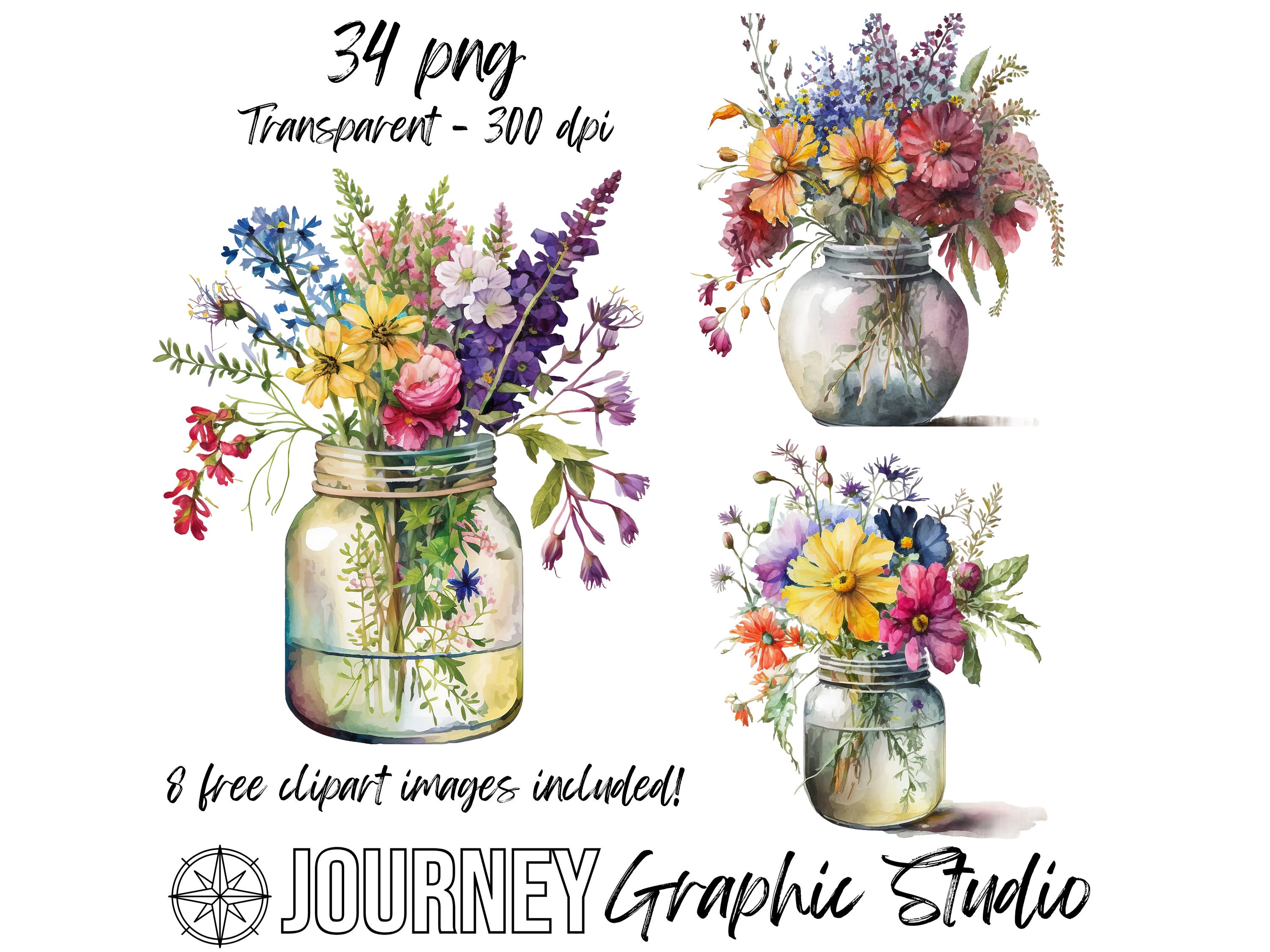 Flowers in Vase Clipart Bundle, Watercolor Clipart Bundle, Vase of ...