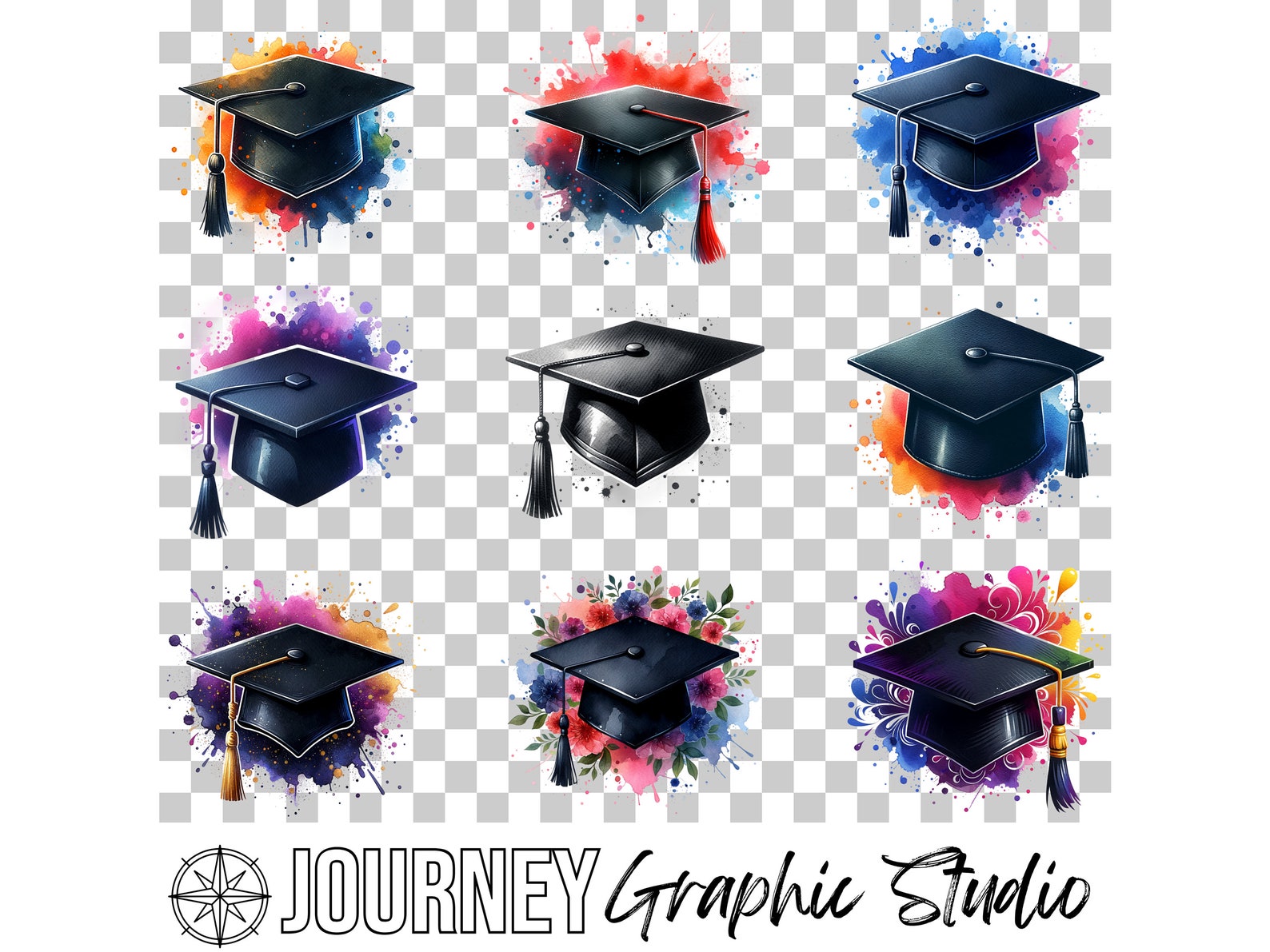 Graduation Caps Clipart Bundle, Watercolor Graduation Cap Clipart ...