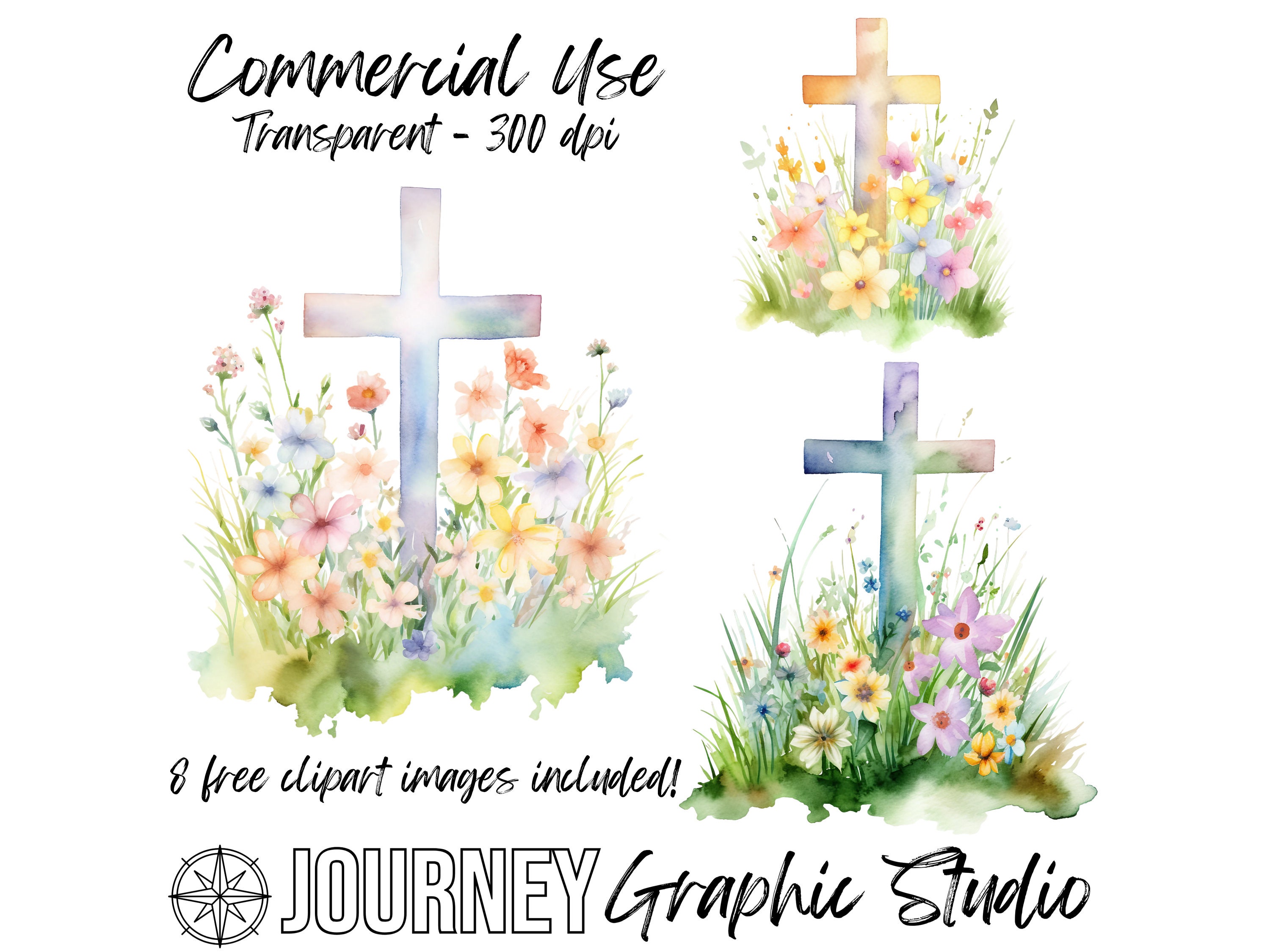 Pastel Floral Cross Clipart Bundle, Watercolor Clipart Bundle, Easter ...
