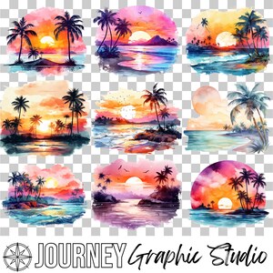 Sunset Clipart Bundle, Watercolor Tropical Sunsets Clipart Bundle ...