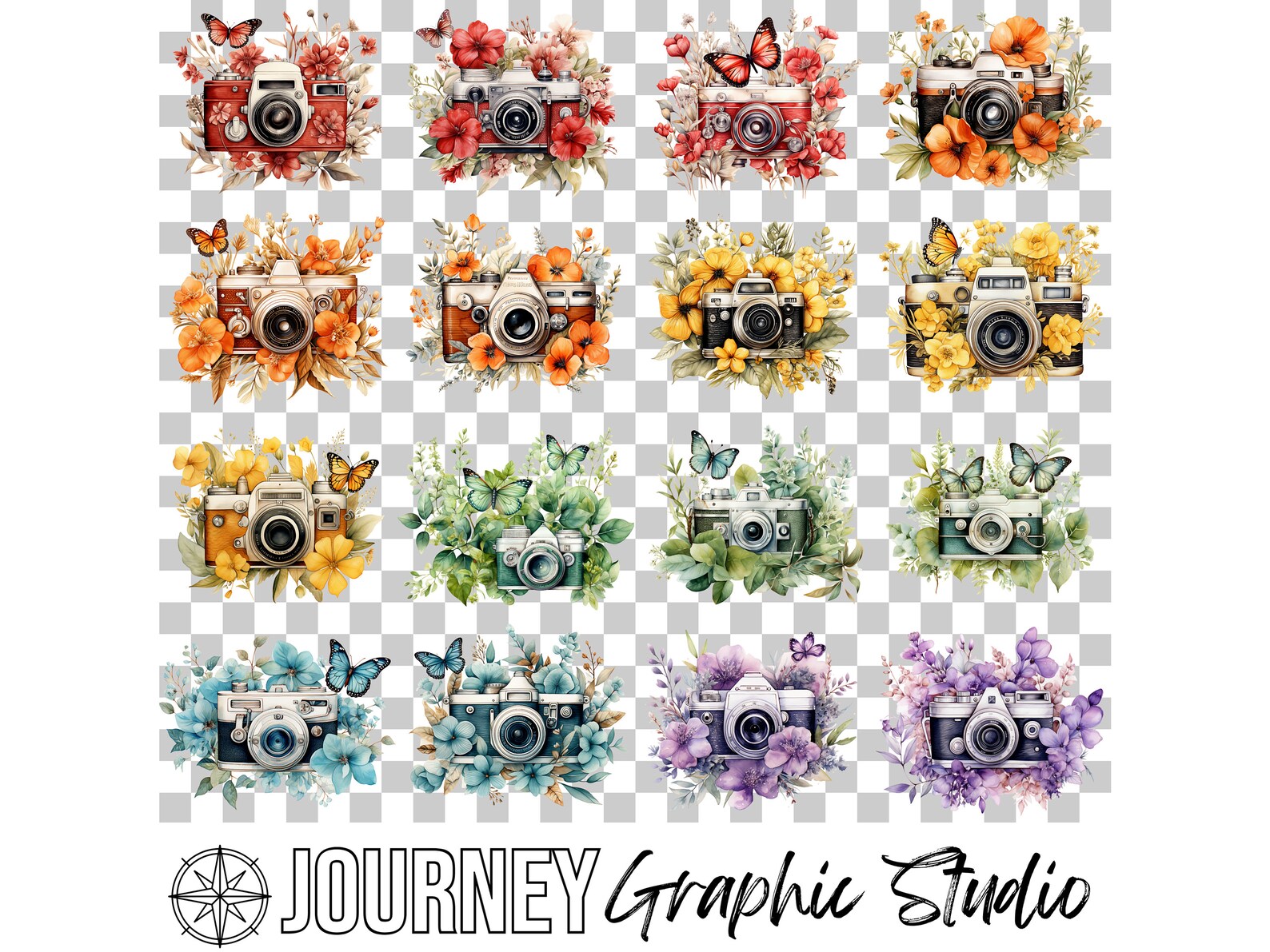 Rainbow Floral Camera Clipart Bundle, Watercolor Clipart Bundle ...