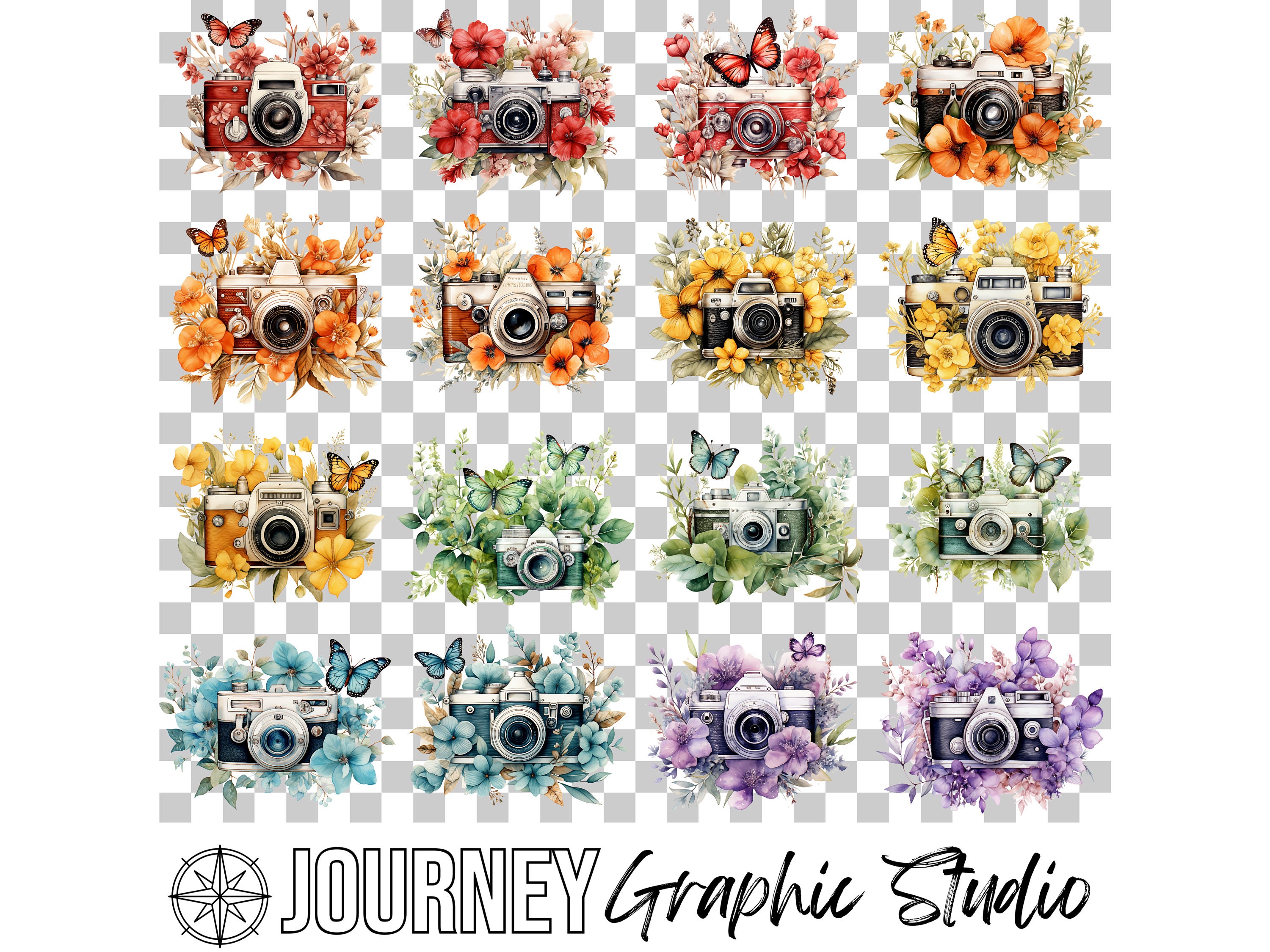 Rainbow Floral Camera Clipart Bundle, Watercolor Clipart Bundle ...