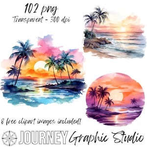 Sunset Clipart Bundle, Watercolor Tropical Sunsets Clipart Bundle ...