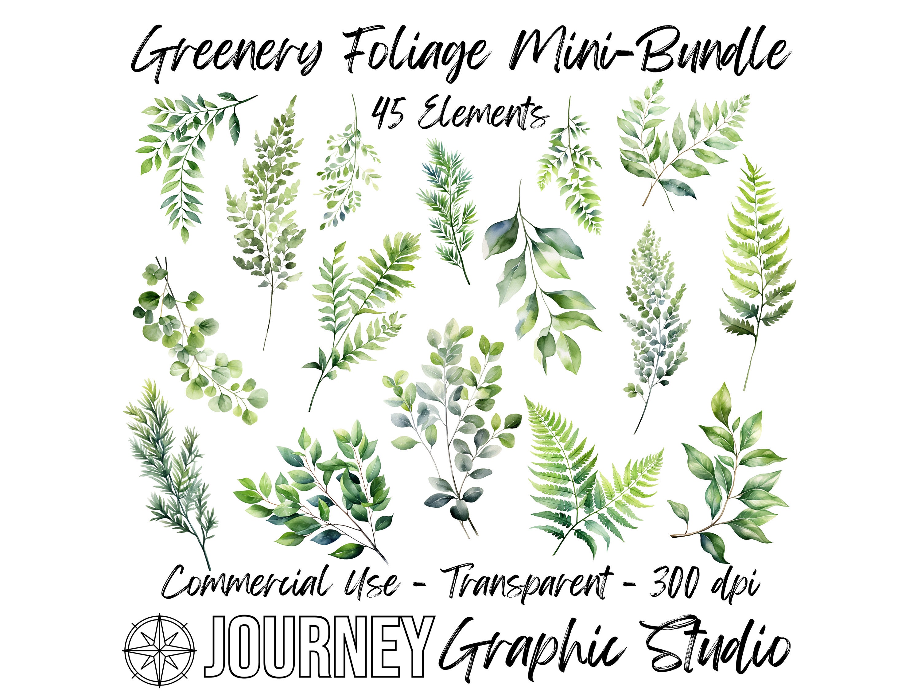 Greenery Clipart Bundle, Watercolor Clipart Bundle, Greenery Foliage ...