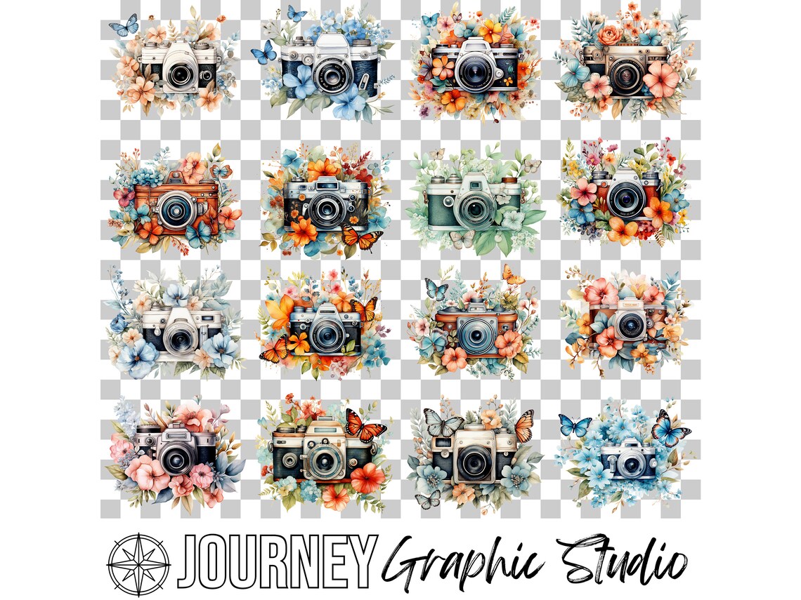 Floral Camera Clipart Bundle, Watercolor Clipart Bundle, Cameras ...