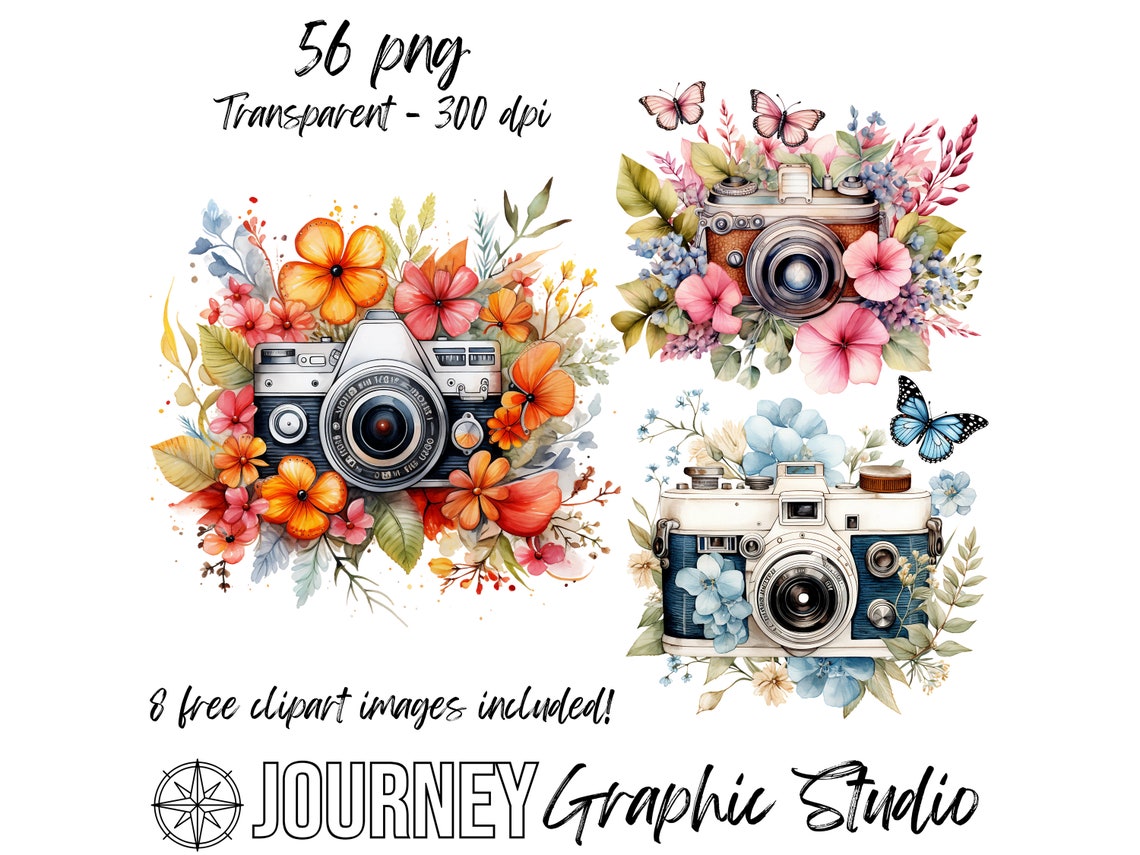Floral Camera Clipart Bundle, Watercolor Clipart Bundle, Cameras ...