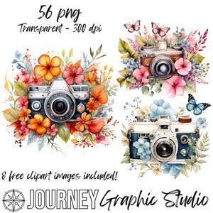 Floral Camera Clipart Bundle, Watercolor Clipart Bundle, Cameras ...