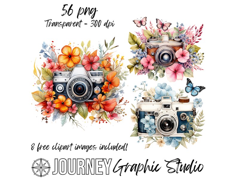 Floral Camera Clipart Bundle, Watercolor Clipart Bundle, Cameras ...