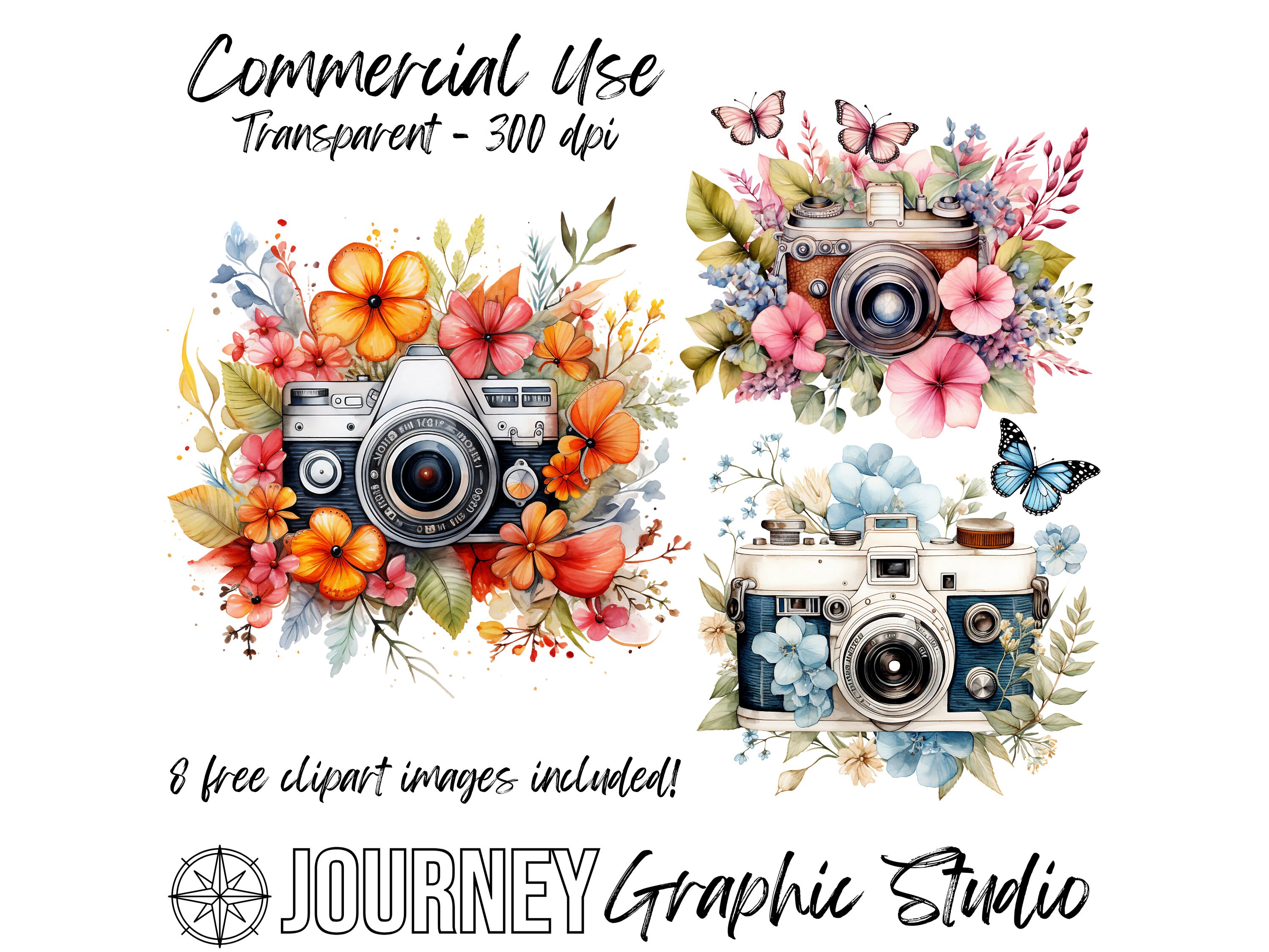 Floral Camera Clipart Bundle, Watercolor Clipart Bundle, Cameras ...