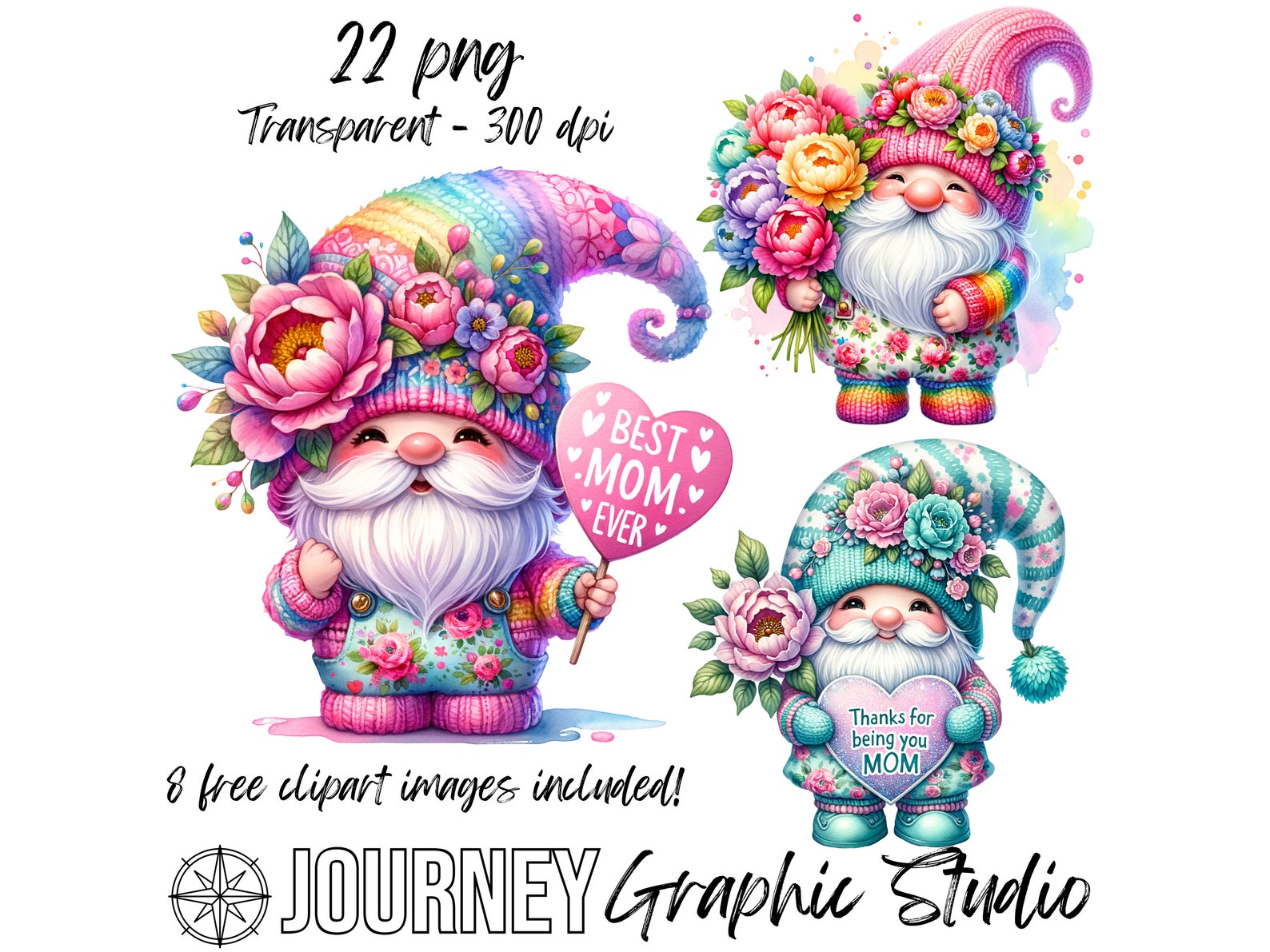 Mother's Day Gnomes Clipart, Watercolor Gnome Clipart Bundle, Floral ...