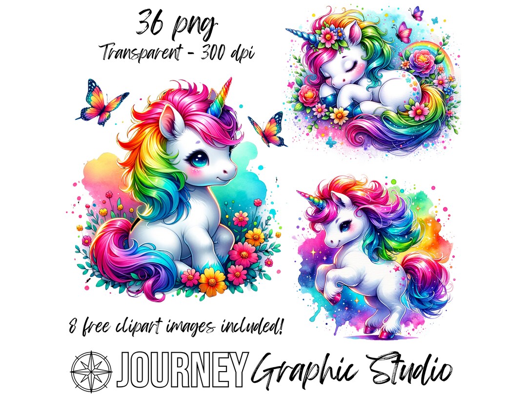 Baby Unicorn Clipart Bundle, Watercolor Unicorn Clipart Bundle, Rainbow ...