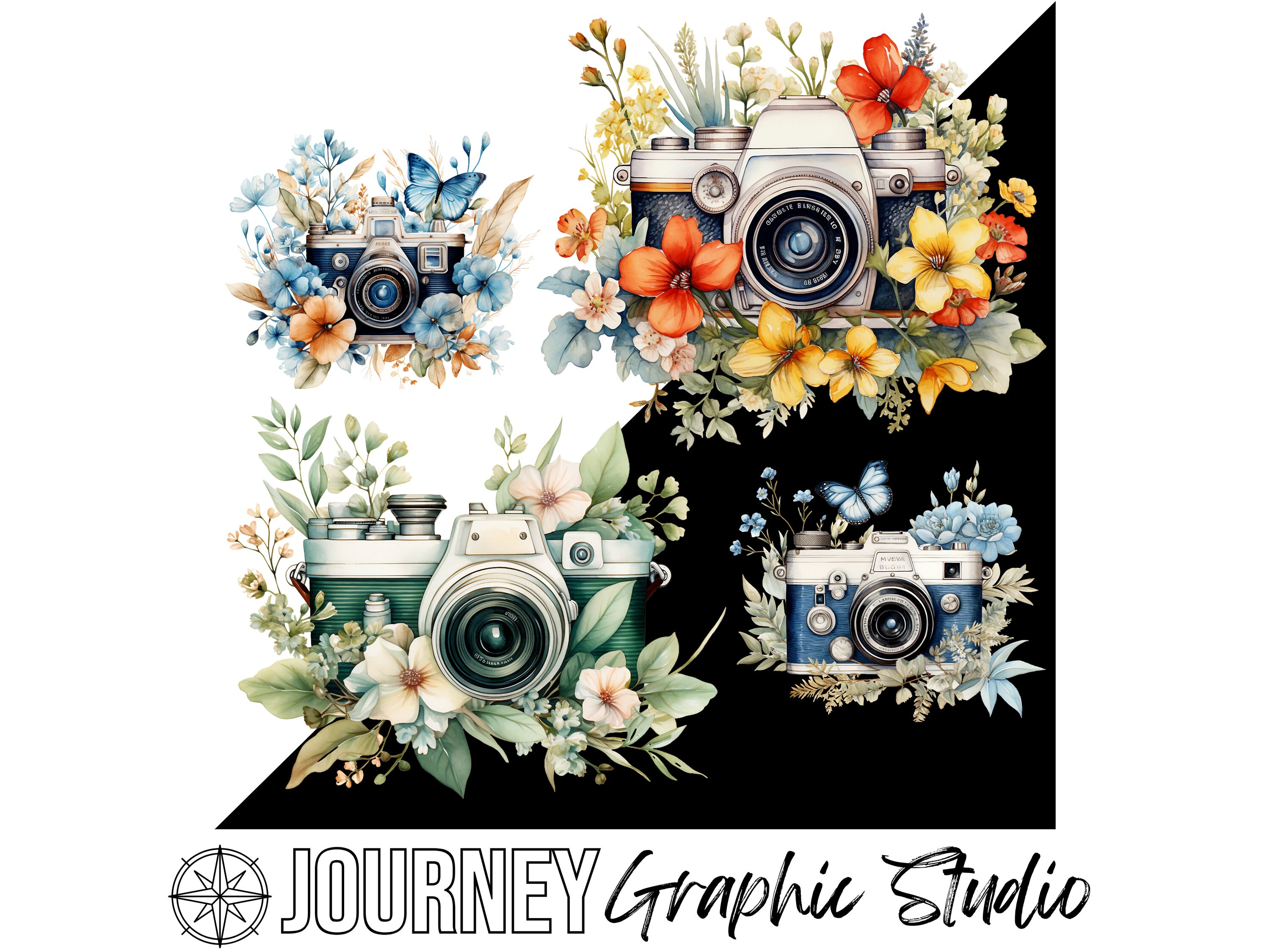 Floral Camera Clipart Bundle, Watercolor Clipart Bundle, Cameras ...