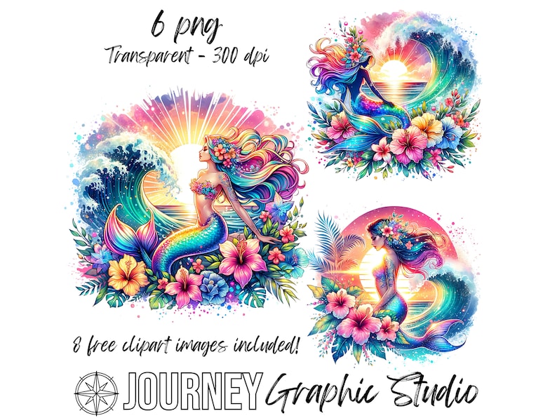 Mermaid Clipart, Mermaid Sunset Clipart, Floral Beach Clipart, Tropical ...